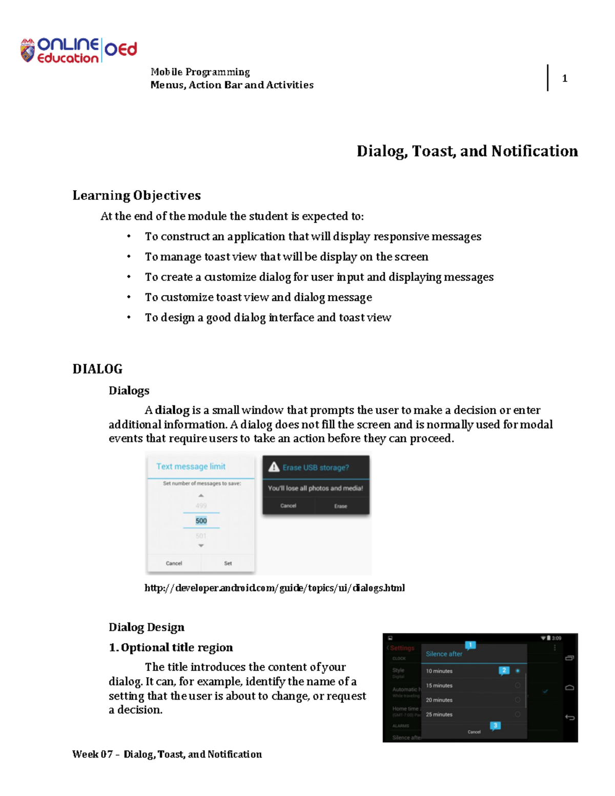Dialog, Toast and Notification - Menus, Action Bar and Activities 1 ...
