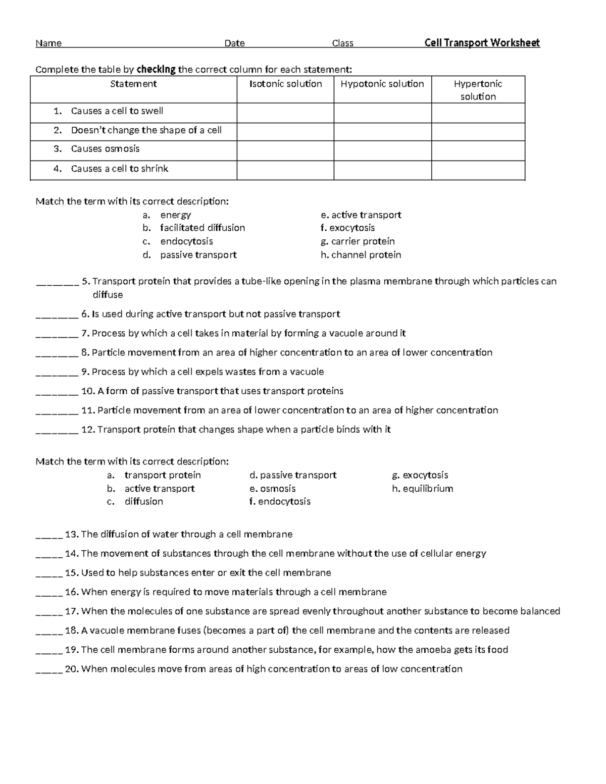Cell Transport Worksheet - - Studocu