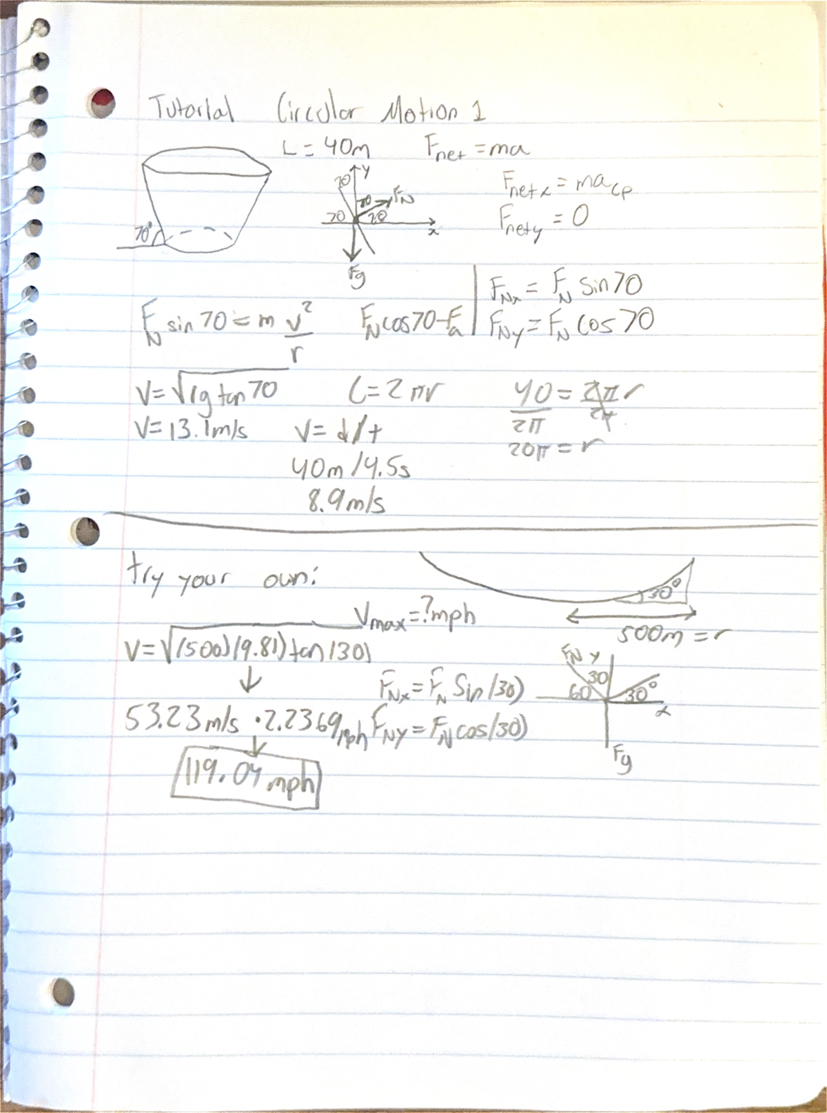 Newtons Second Law - PHYS2001 - Tutorial Circular Motion 1 TOTAL Freek mace 70 20 x Frety O Fg ...