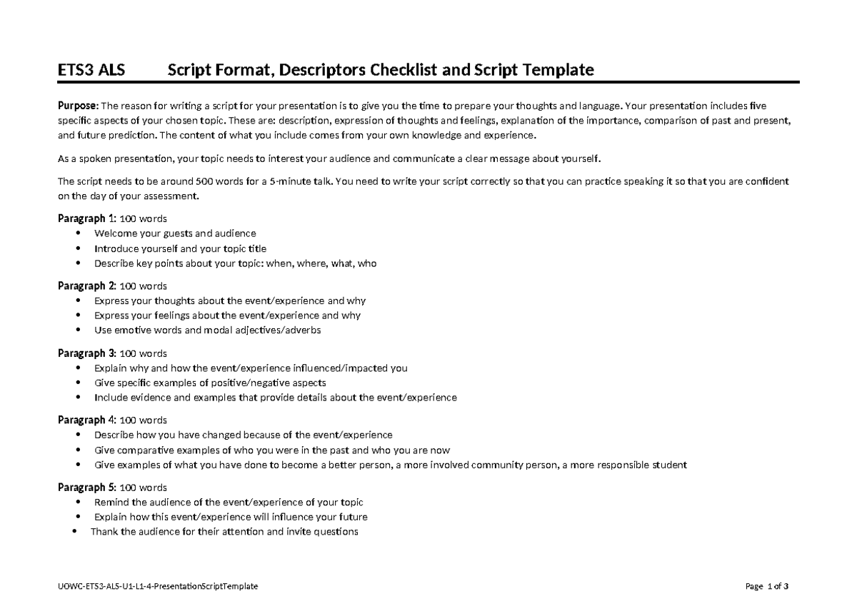 Unit1 L1-3 ETS3ALSScript Template-1 - ETS3 ALS Script Format, Descriptors Checklist and Script ...