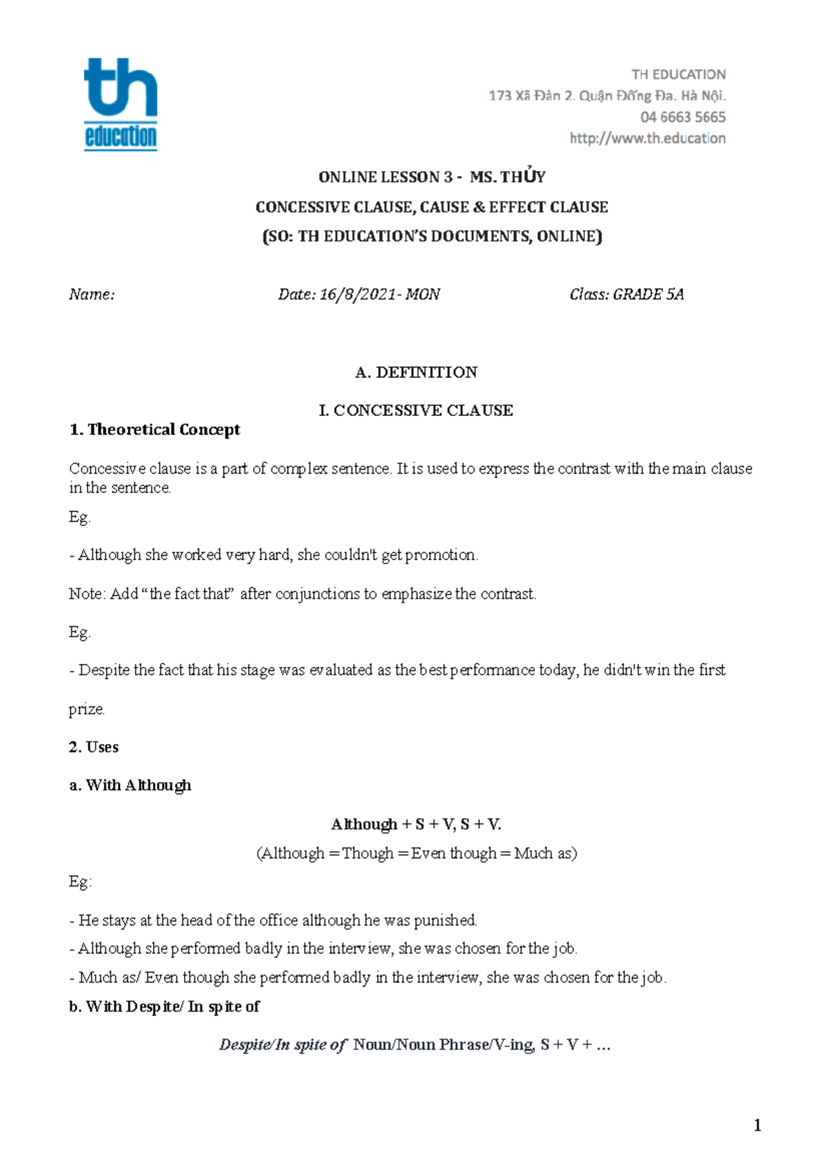 5A + 5G - Concessive- Clause- Cause- Effect- Clause - ONLINE LESSON 3 ...