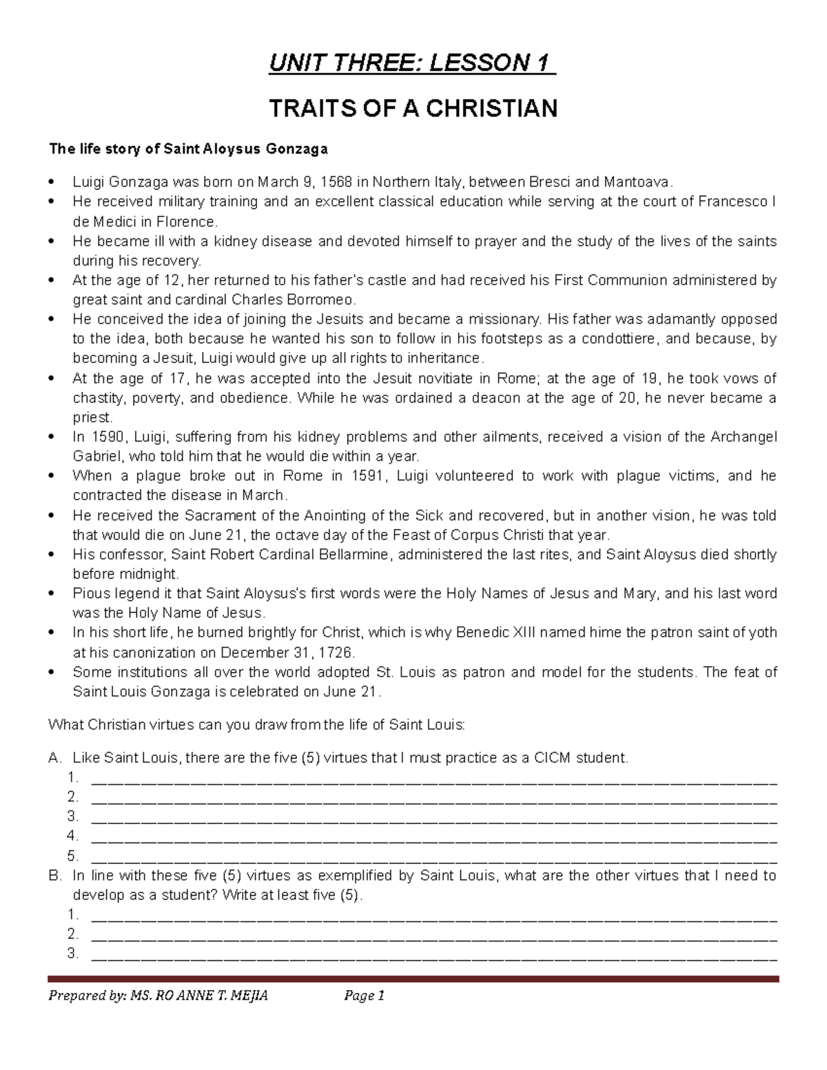 UNIT Three Lesson 1 Traits OF A Christian - UNIT THREE: LESSON 1 TRAITS ...