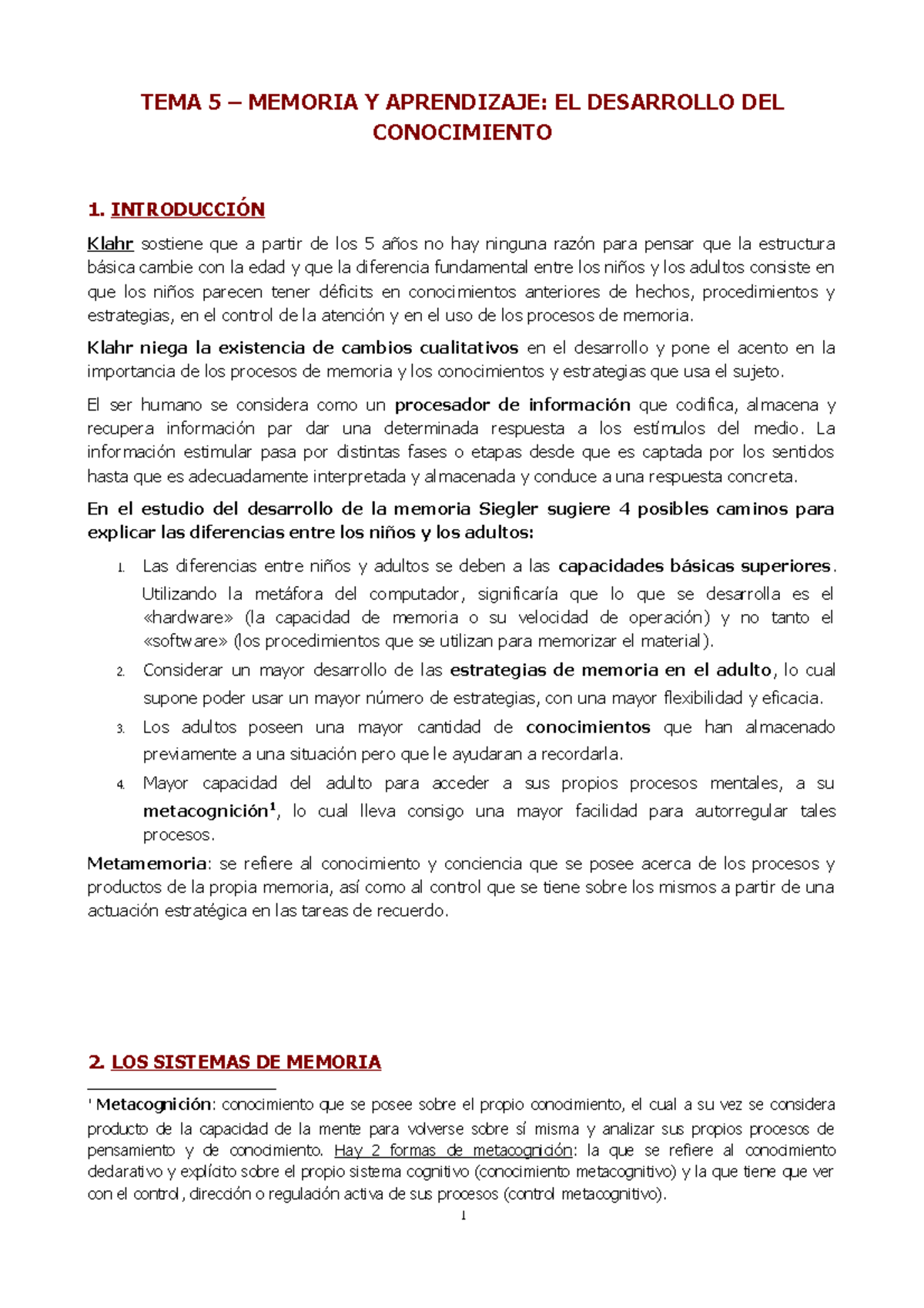TEMA 5 - Memoria y aprendizaje. El desarrollo del conocimiento - TEMA 5 – MEMORIA Y APRENDIZAJE ...