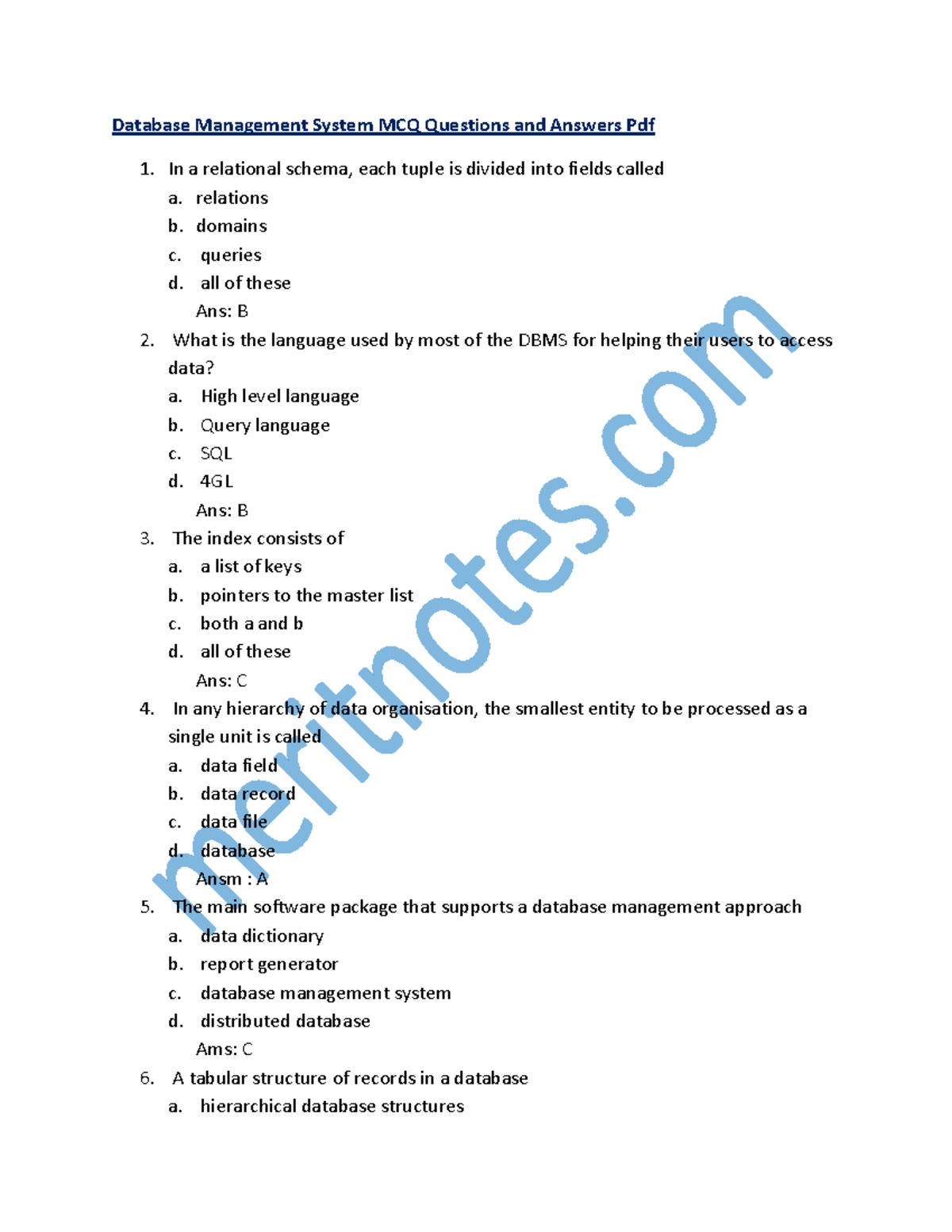 Database Management System Mcqs Database Management System Mcq