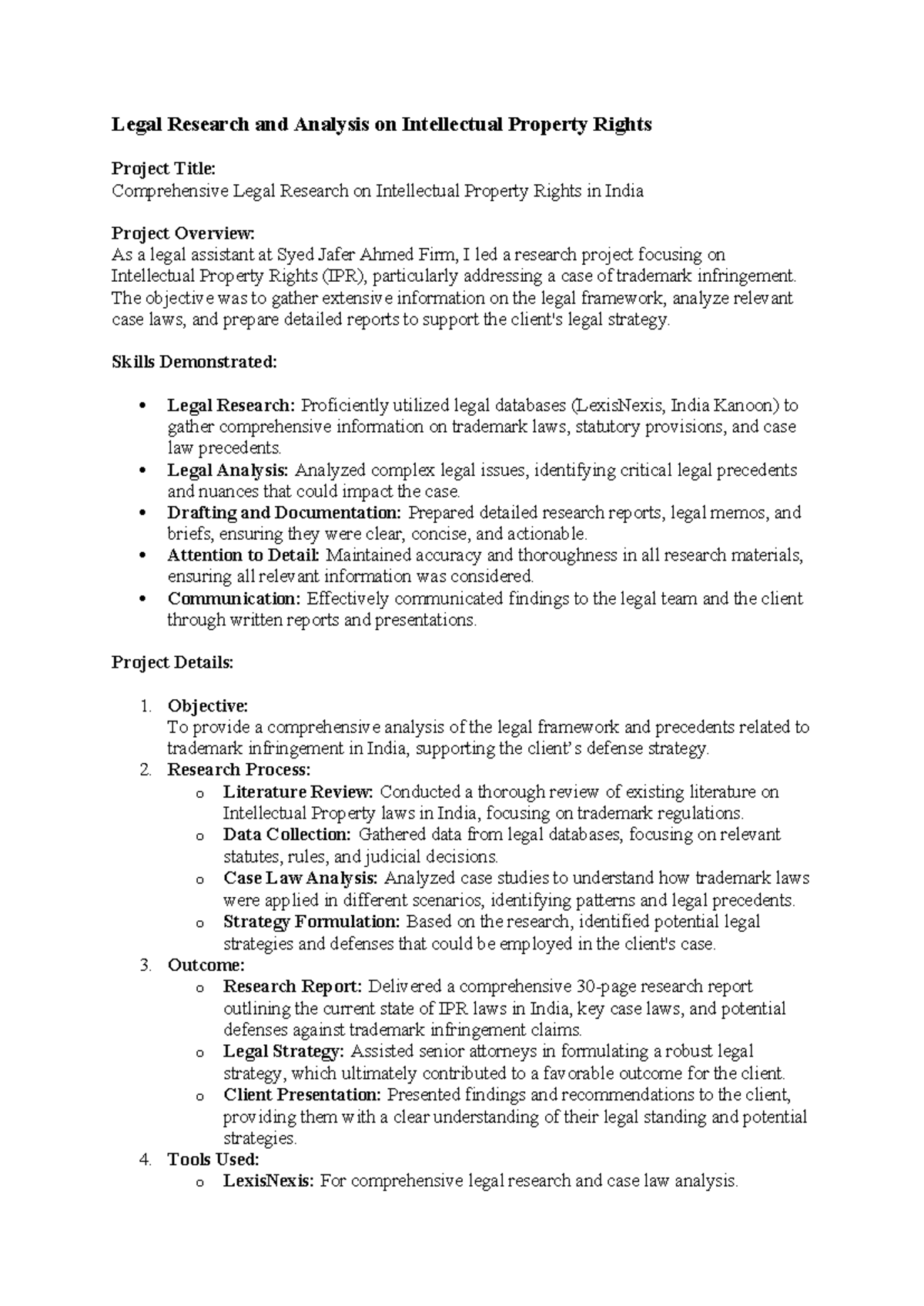 Project - projevt work - Legal Research and Analysis on Intellectual ...