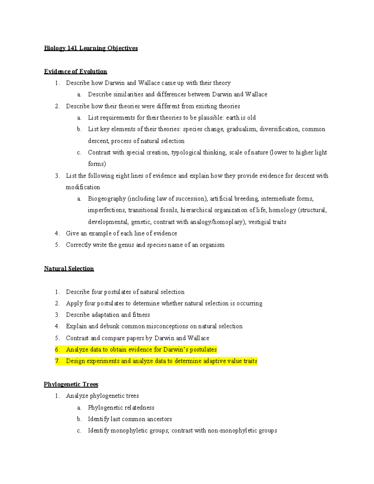 Bio 141 Objectives 1 - Biology 141 Learning Objectives Evidence of ...