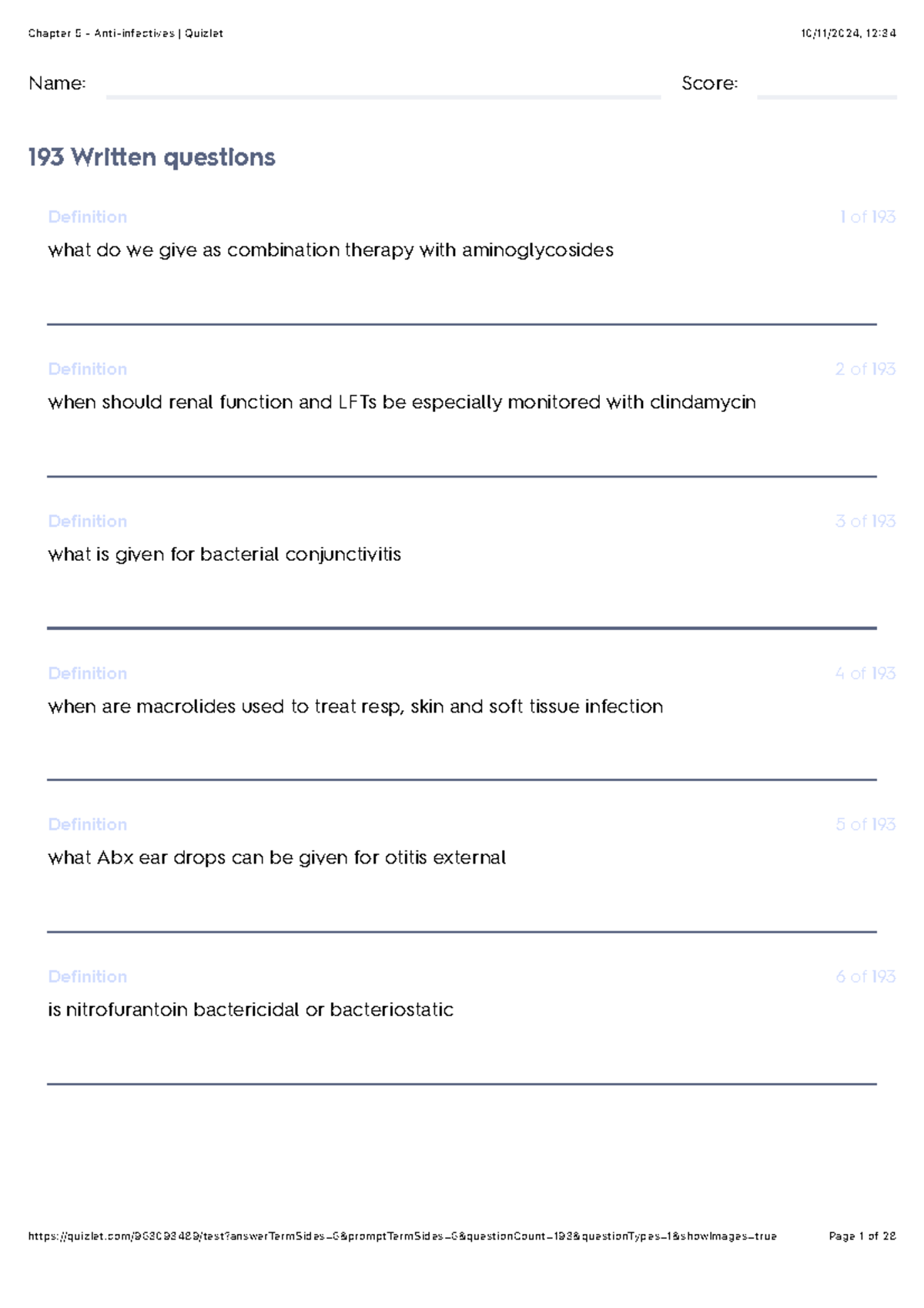 Chapter 5 - Anti-infectives Quizlet - Name: Score: 193 Written ...