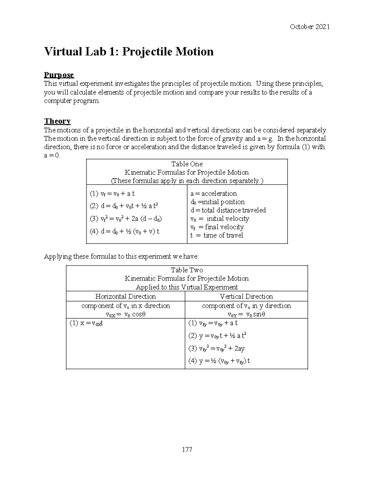 Virtual Lab 1-Projectile - October 20 21 Virtual Lab 1: Projectile Motion Purpose This virtual ...