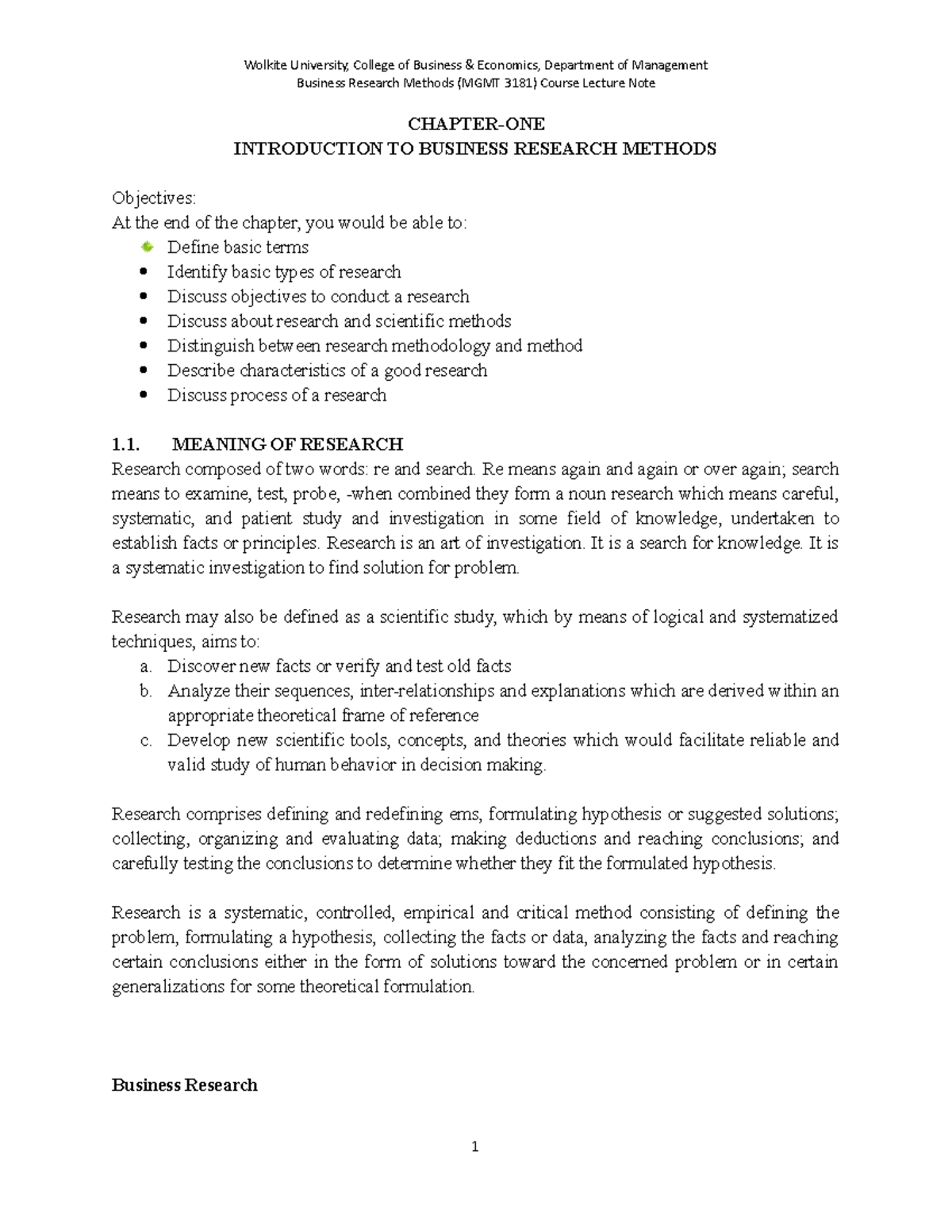 CH I Research - Business Research Methods (MGMT 3181) Course Lecture ...