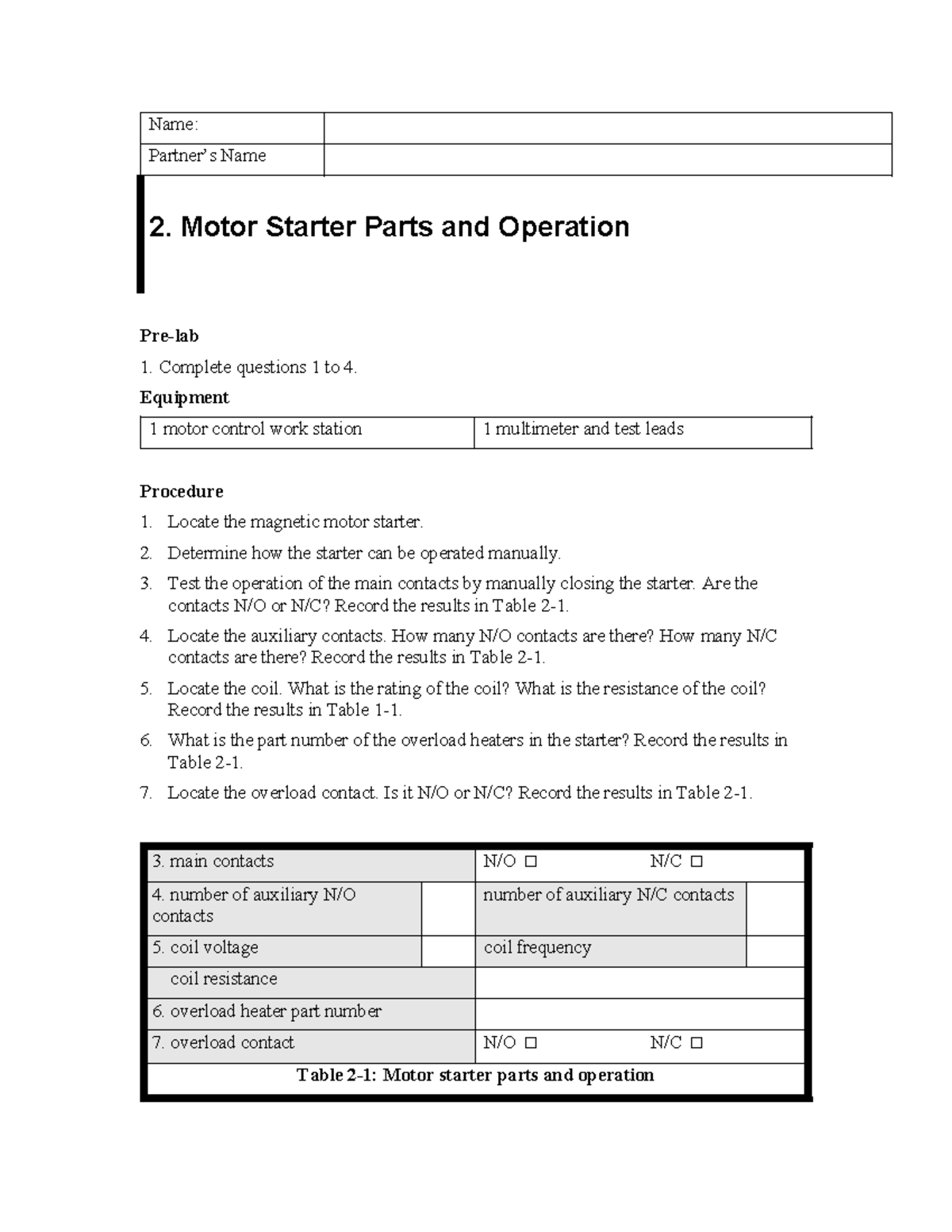 Lab 2 - Motor Starter Parts and Operation - Name: Partner’s Name 2 ...