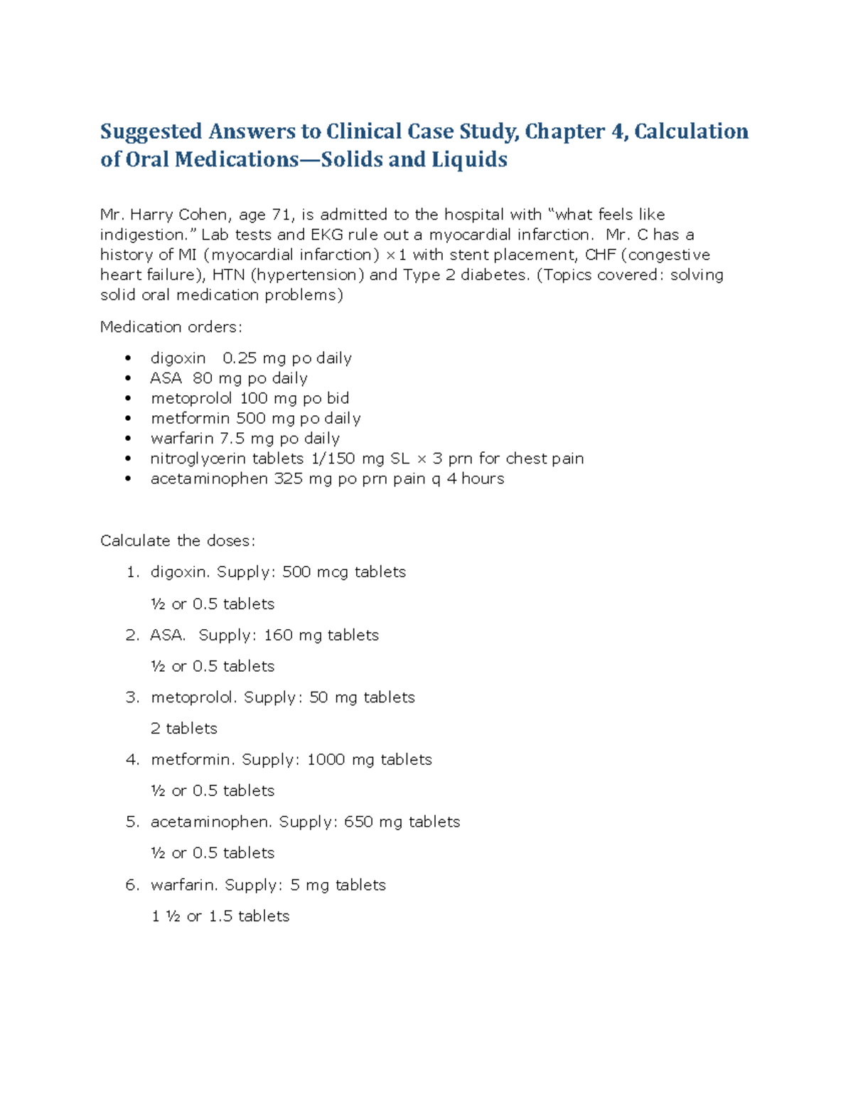 Oral Medication Calculations - Case study Answers-1 - Suggested Answers ...