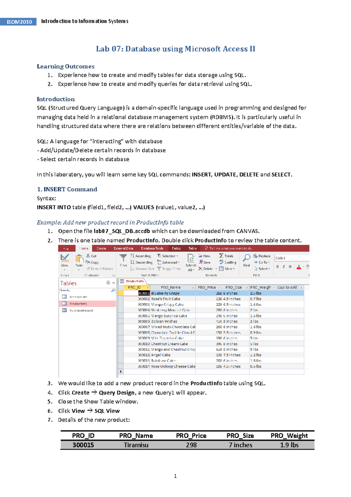 Lab07 SQL manual - lab notes - ISOM Lab 0 7 : Database using Microsoft ...
