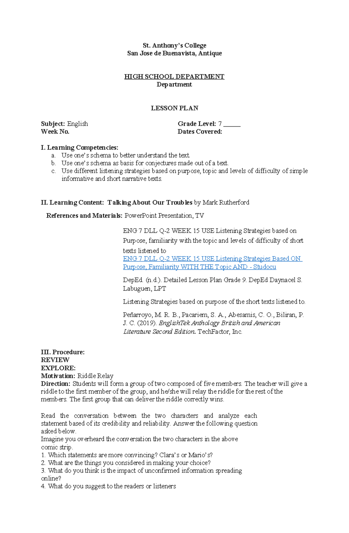 Grade 7- Listening Strategies - St. Anthony’s College San Jose de ...