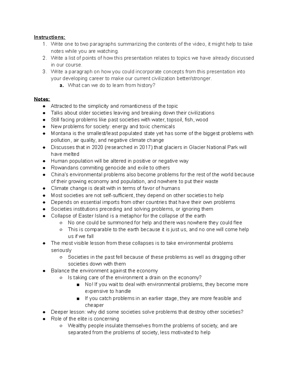 Jared Diamond Video Notes and Assignment - Instructions: 1. Write one ...