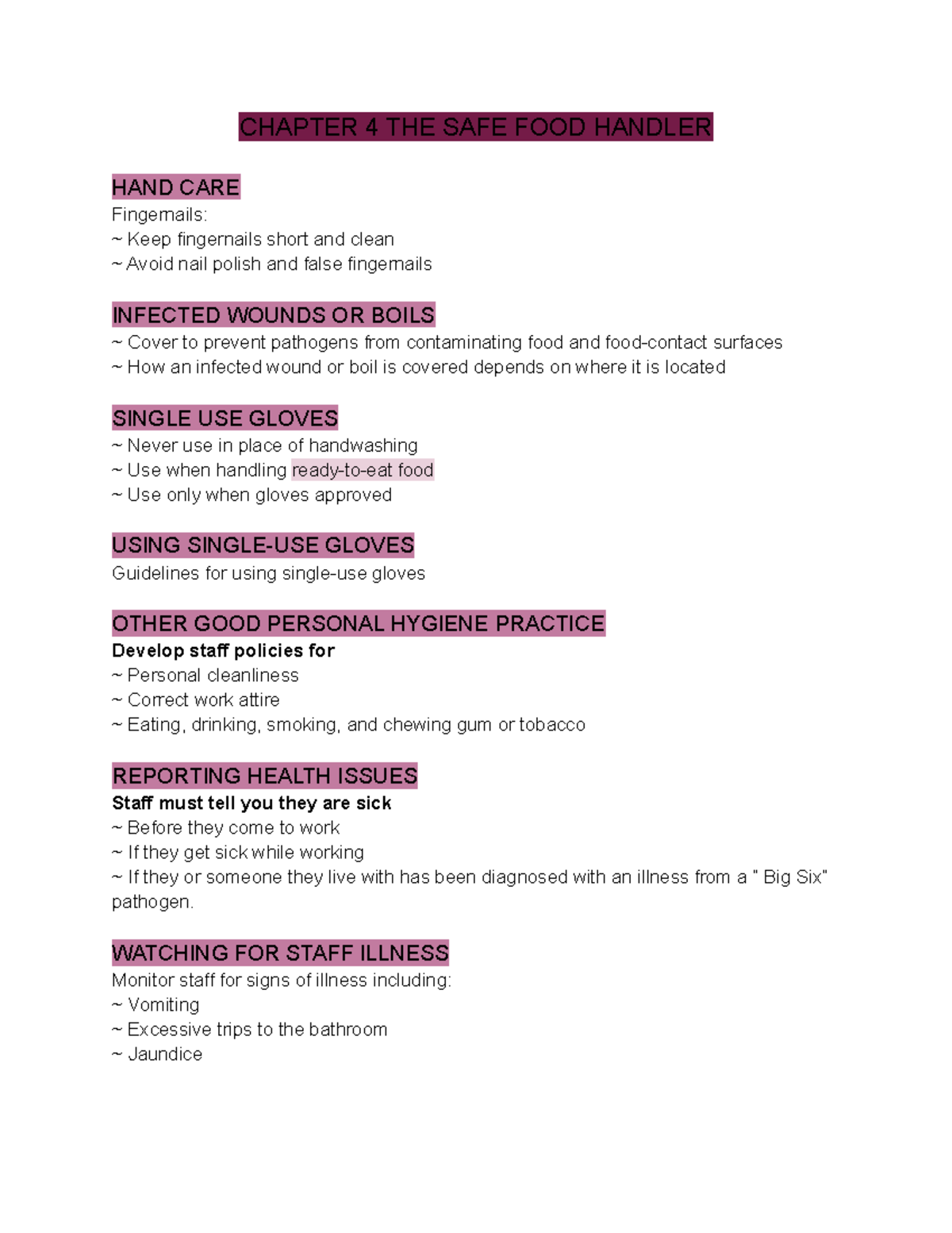 Culinary 050 Ch. 4-6 - CHAPTER 4 THE SAFE FOOD HANDLER HAND CARE ...