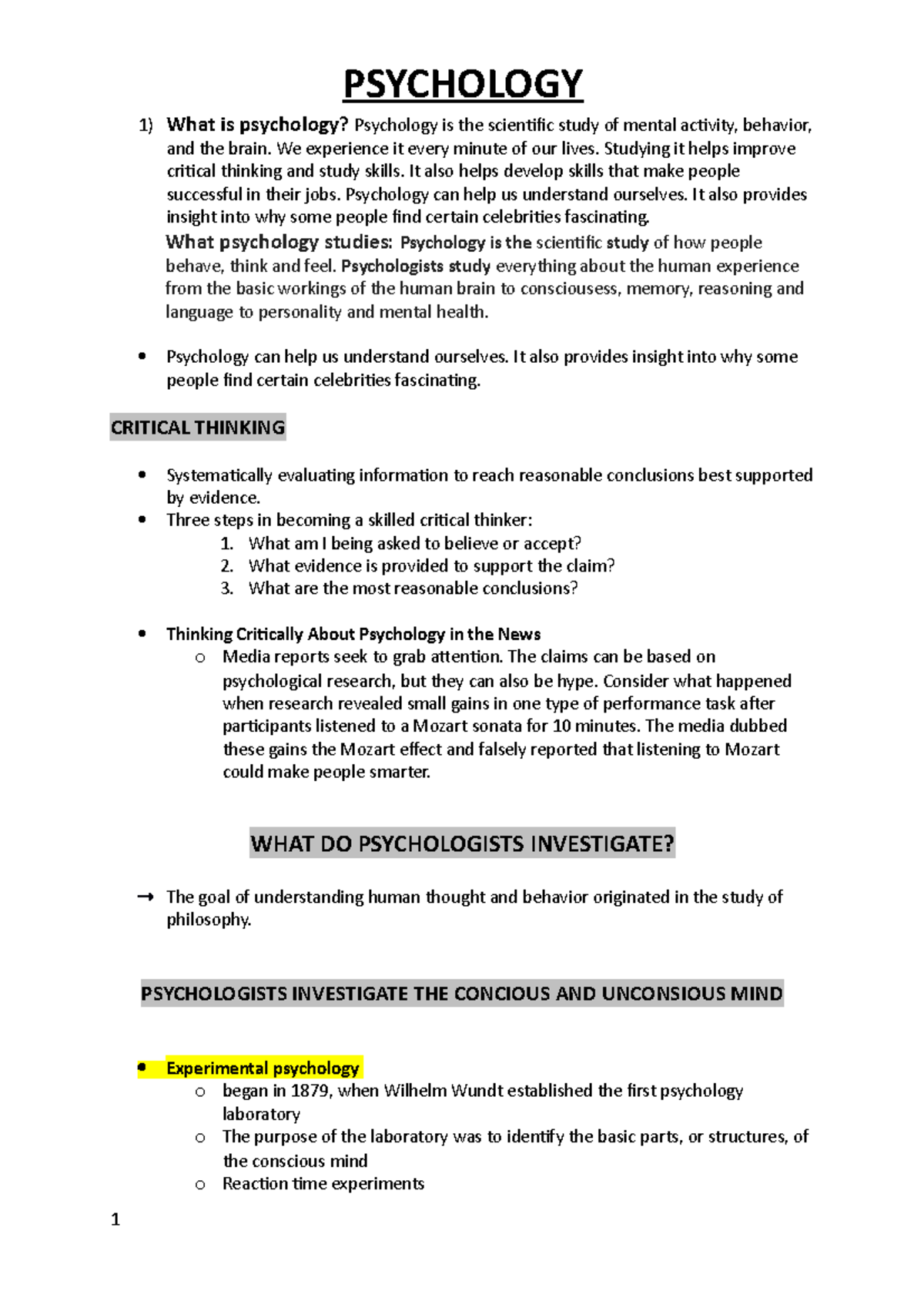 Psychology 1 - Summary Advanced General - PSYCHOLOGY 1) What is ...