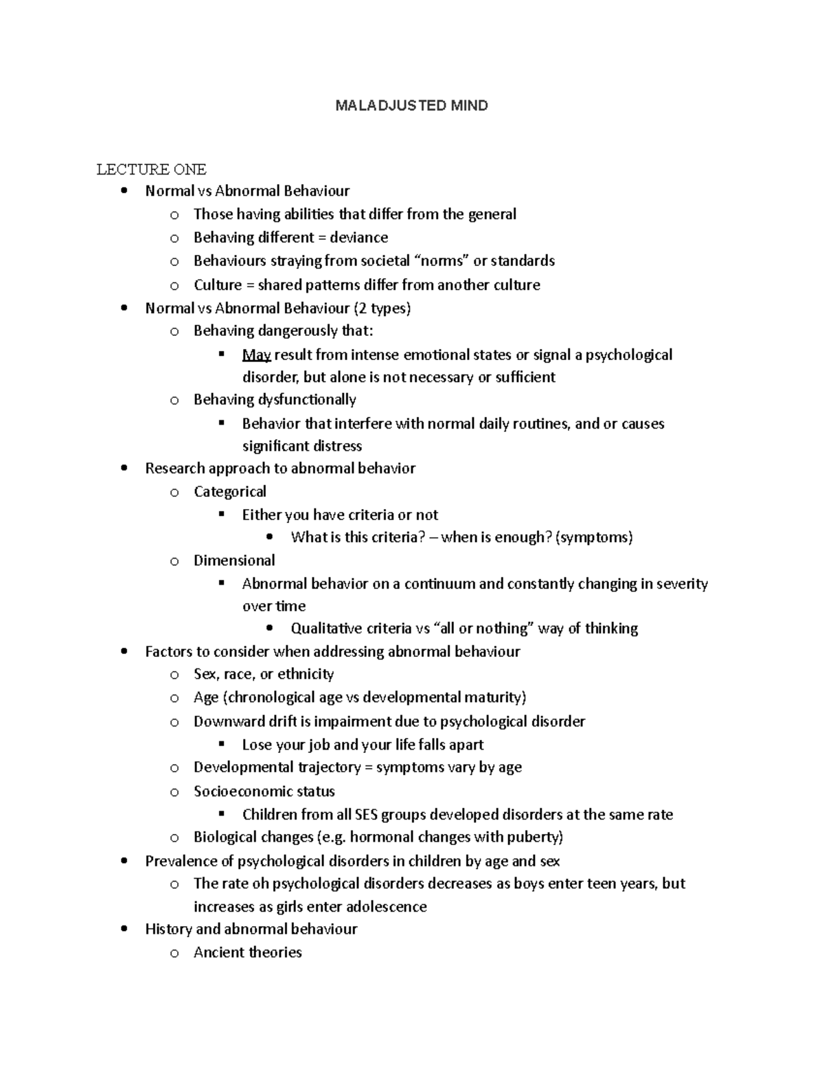 Maladjusted Mind - Lecture 1 - MALADJUSTED MIND LECTURE ONE Normal vs ...