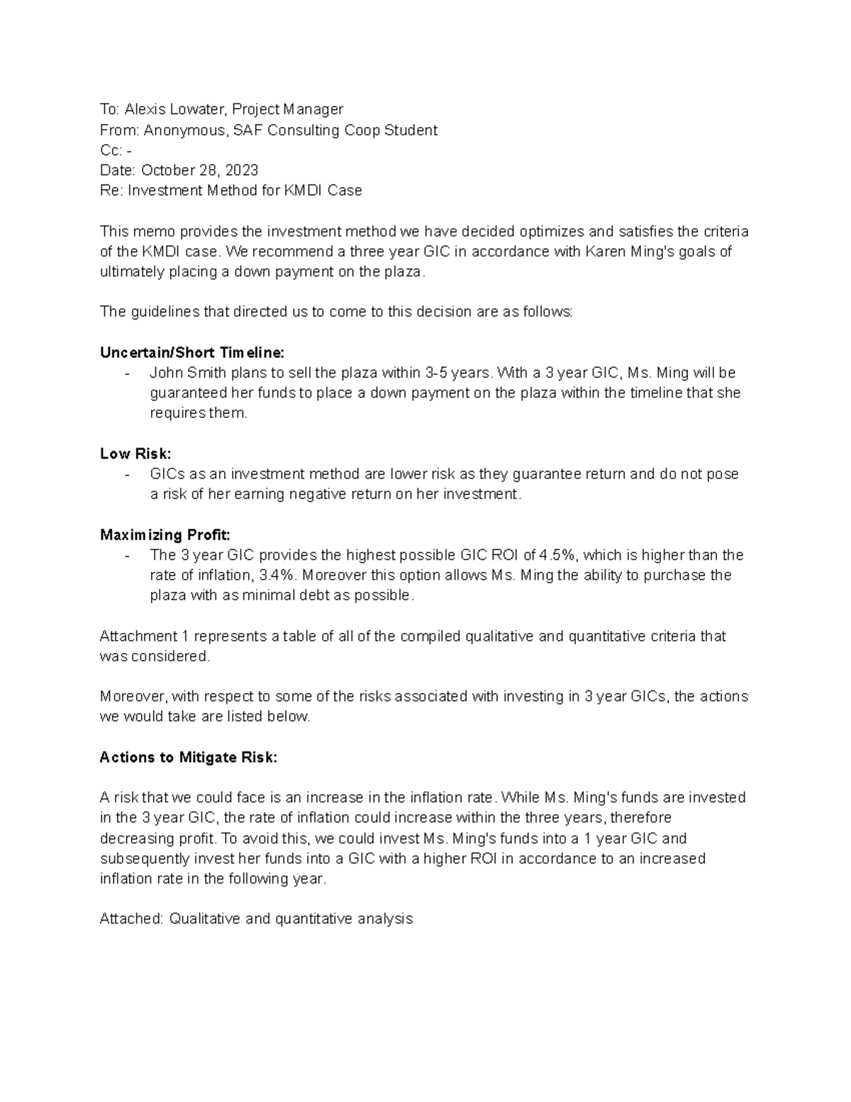 AFM111 Kritik Memo - To: Alexis Lowater, Project Manager From ...