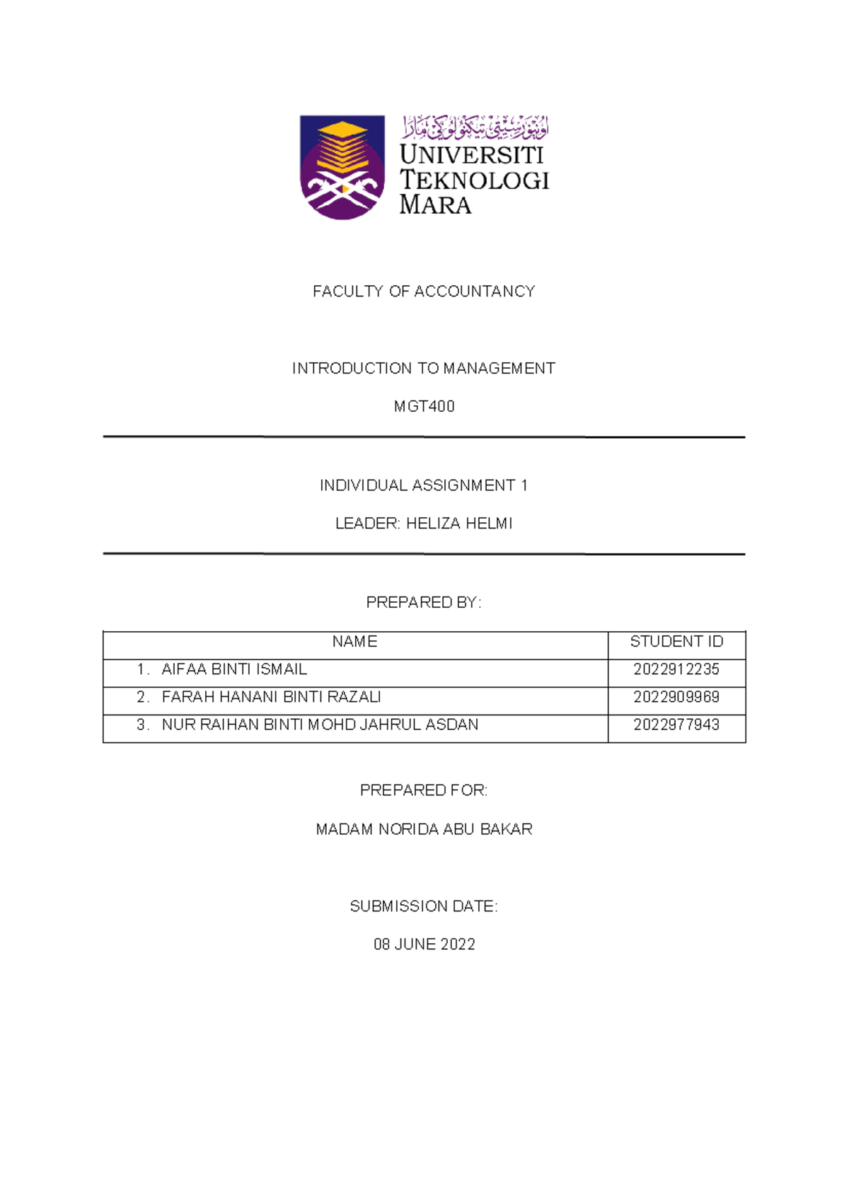 Assignment - Leader - FACULTY OF ACCOUNTANCY INTRODUCTION TO MANAGEMENT MGT INDIVIDUAL ...