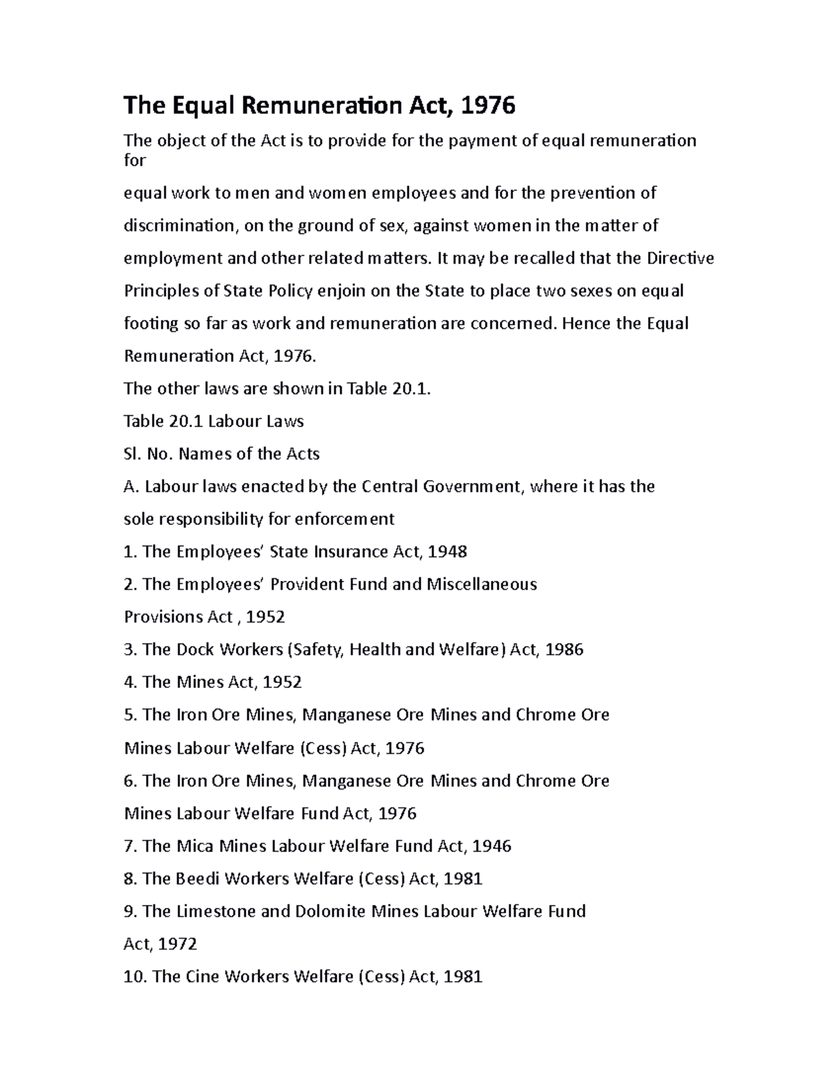 The Equal Remuneration Act, 1976 notes - The Equal Remuneration Act ...