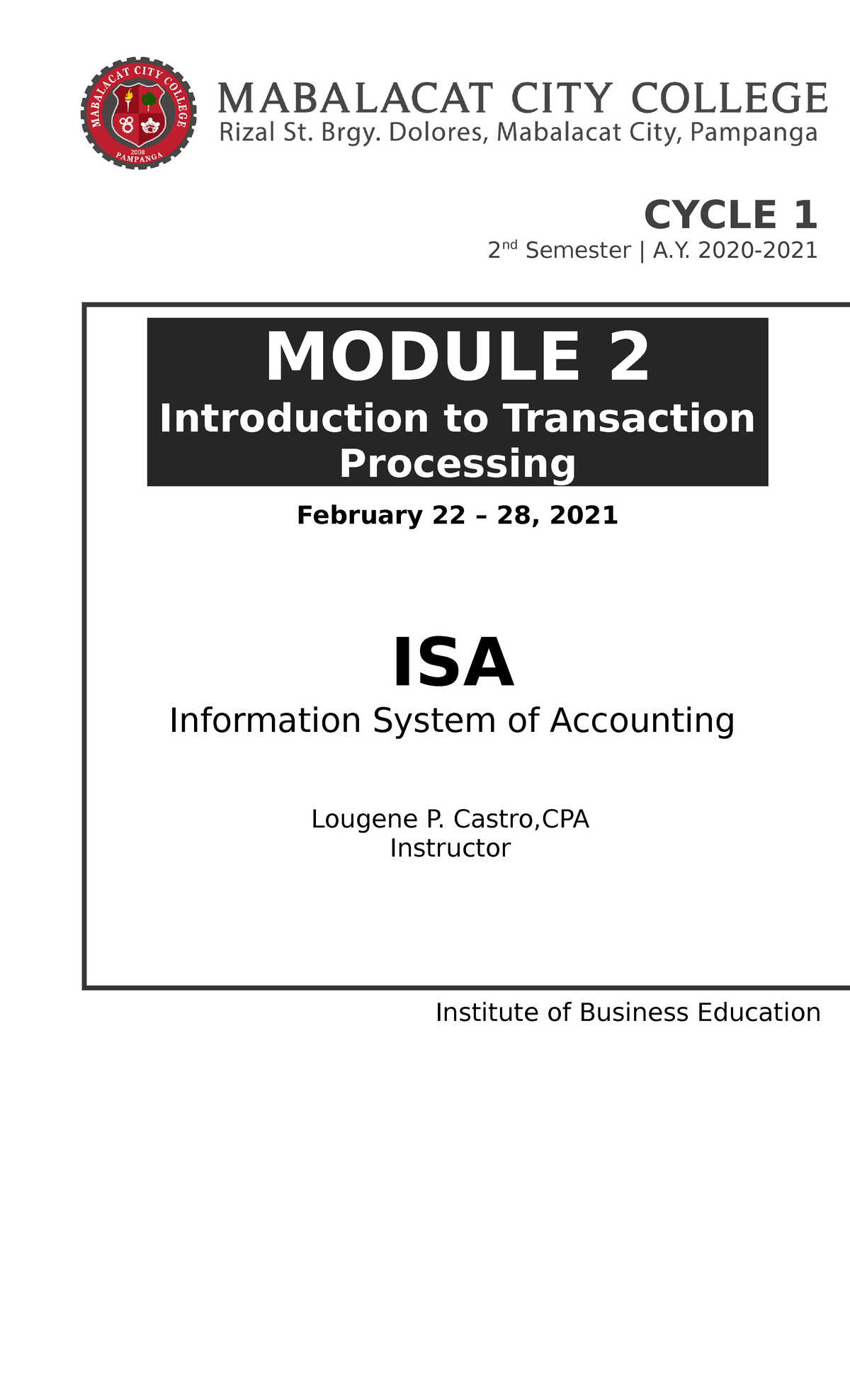 ISA Module 2 - N/A - CYCLE 1 2 nd Semester | A. 2020- MODULE 2 Introduction to Transaction - Studocu