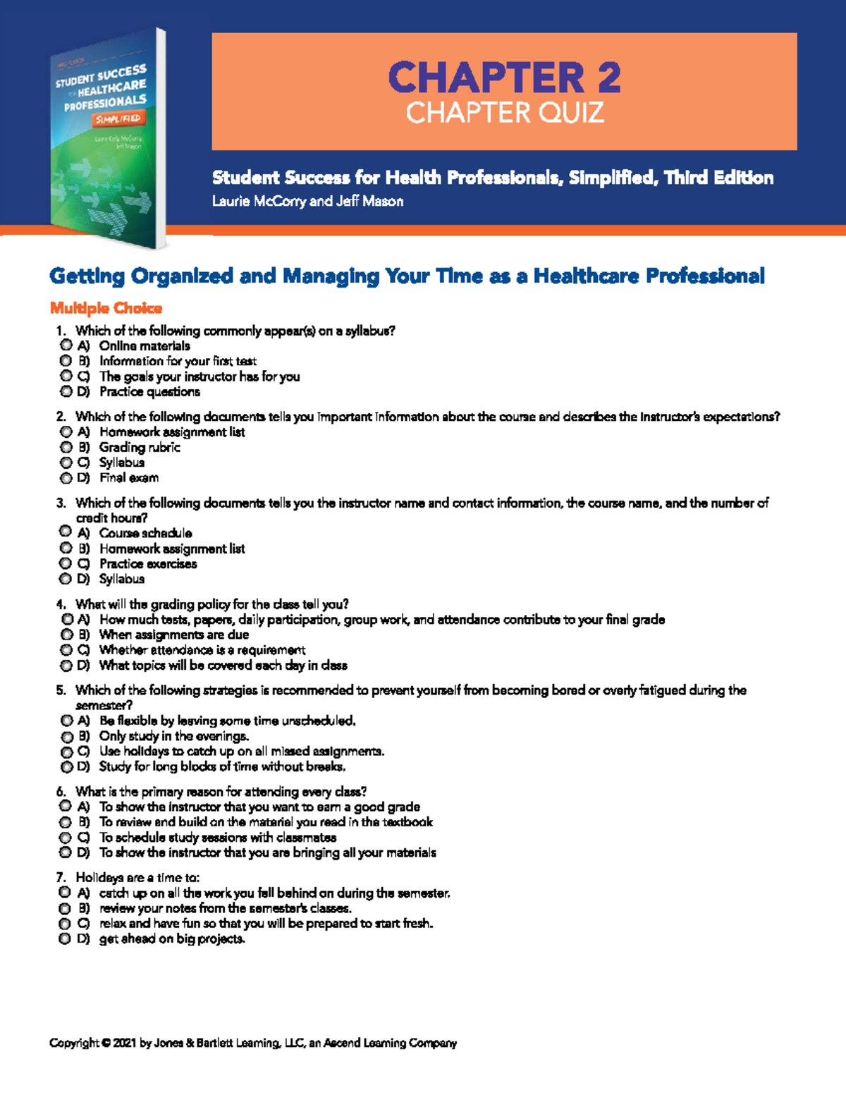 Chapter 2 Online Quiz - pre quiz - STUDENT SUCCESS HEALTHCARE CHAPTER 2 ...