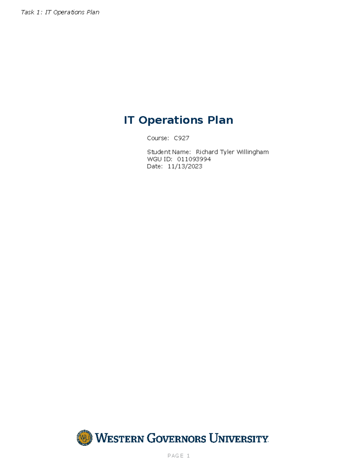 IT Operations Plan Template - IT Operations Plan Course: C Student Name ...