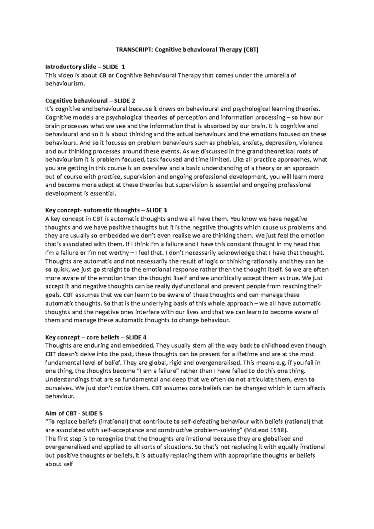 Transcript CBT - notes - TRANSCRIPT: Cognitive behavioural Therapy (CBT ...