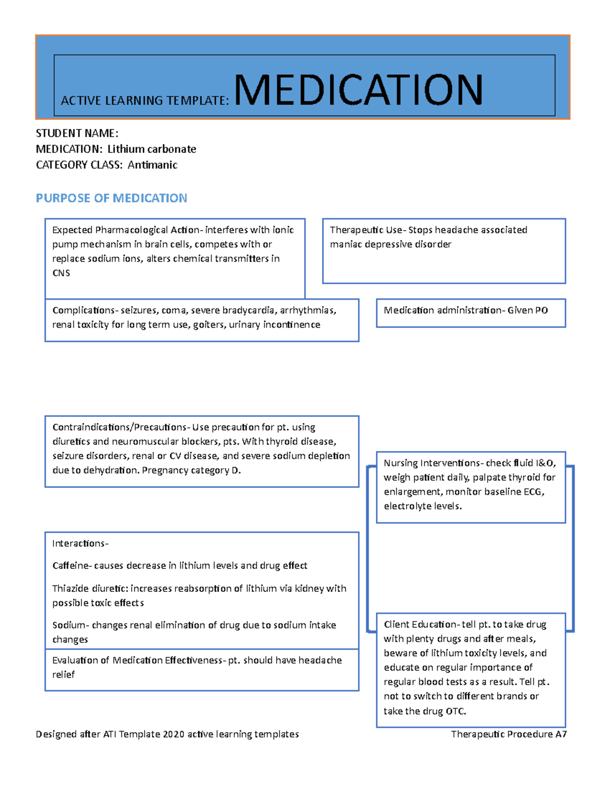 ALT Medication- lithium carb - STUDENT NAME: MEDICATION: Lithium ...