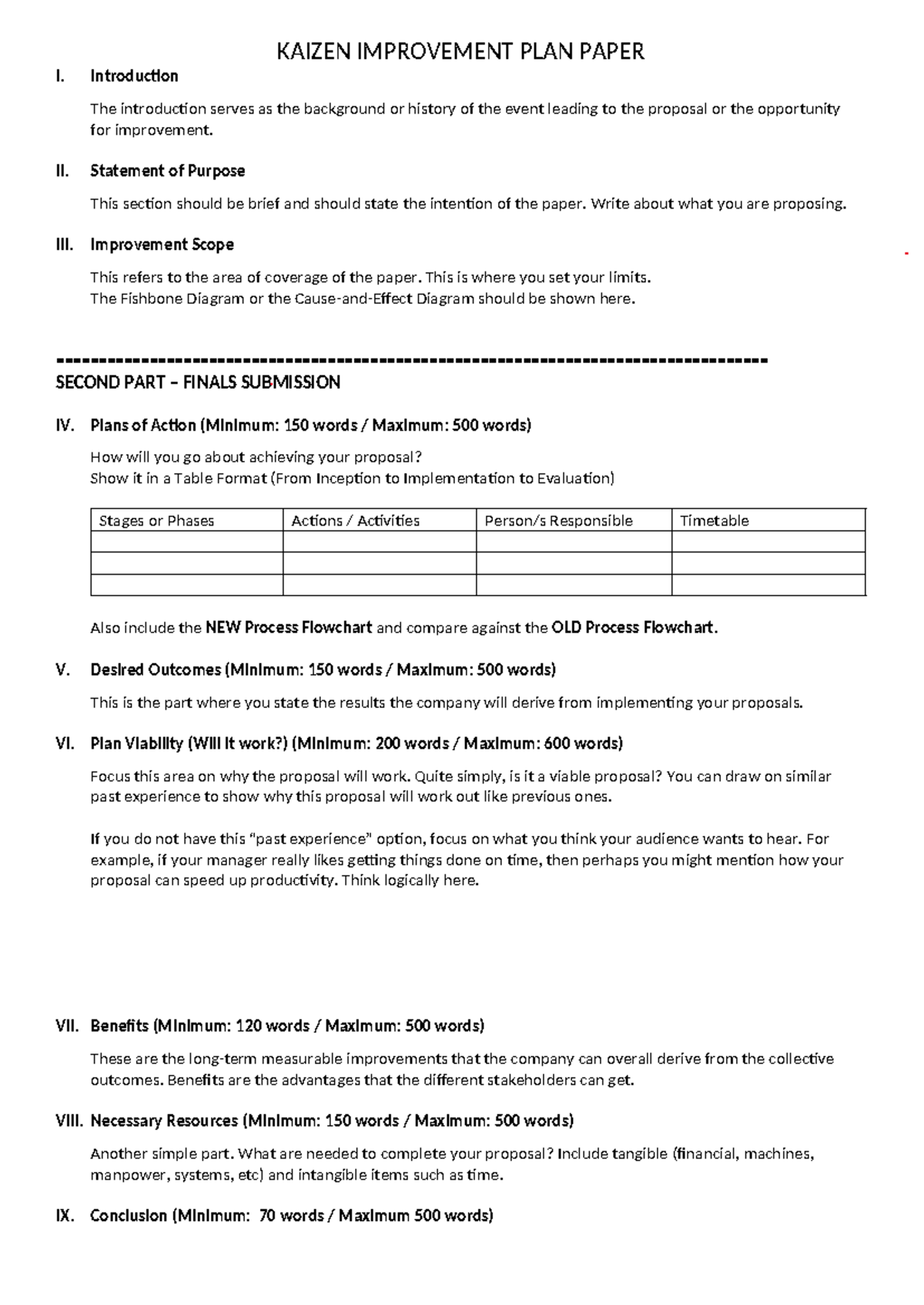 Format - Kaizen Paper - KAIZEN IMPROVEMENT PLAN PAPER I. Introduction ...