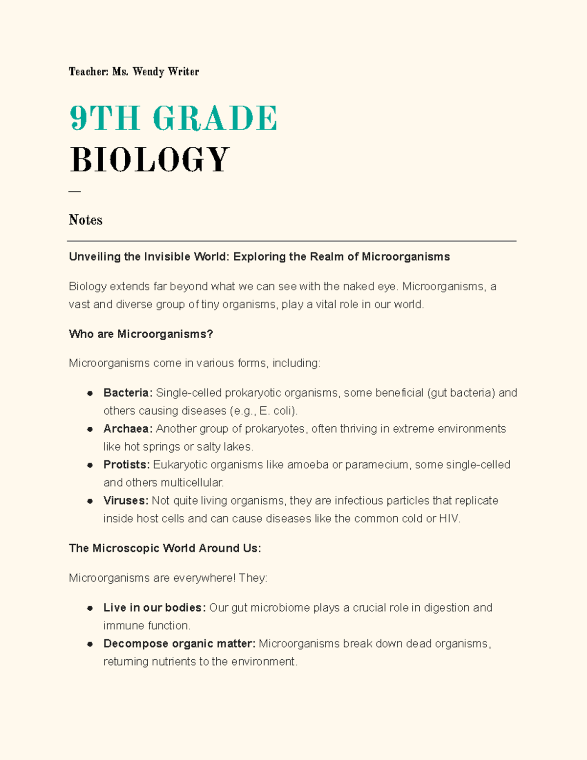 Class notes - A note all about biology - Teacher: Ms. Wendy Writer 9TH ...