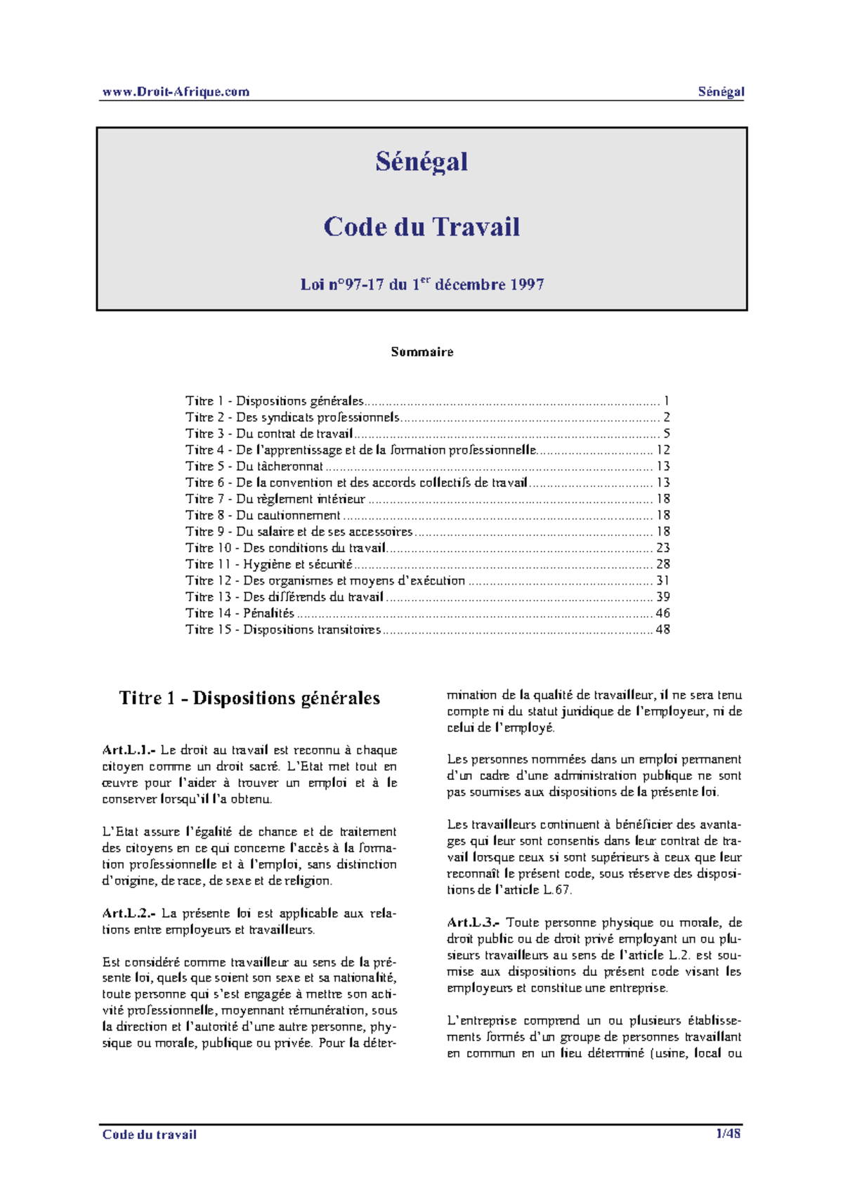 Code du travail- Senegal - Copie - Sénégal Code du Travail Loi n°97-17 ...