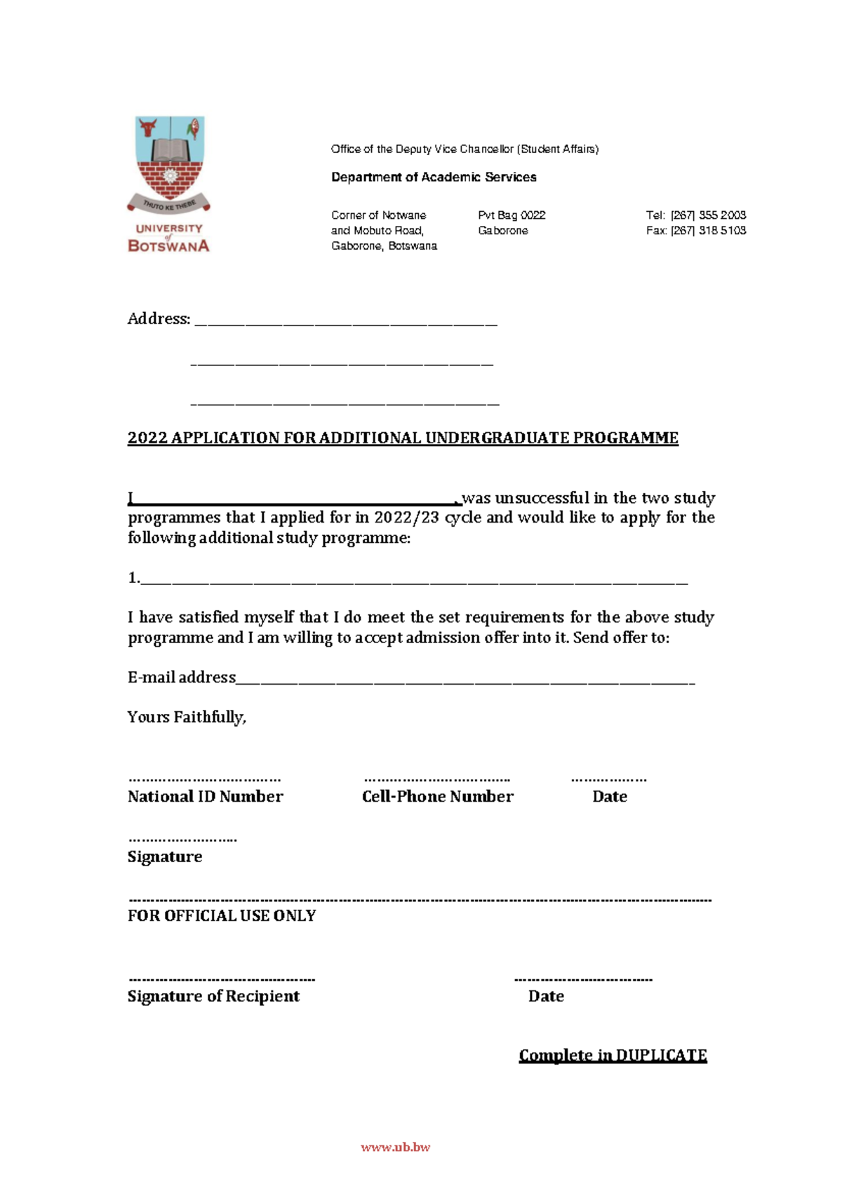 Additional Programme Form 2022 - ub Address