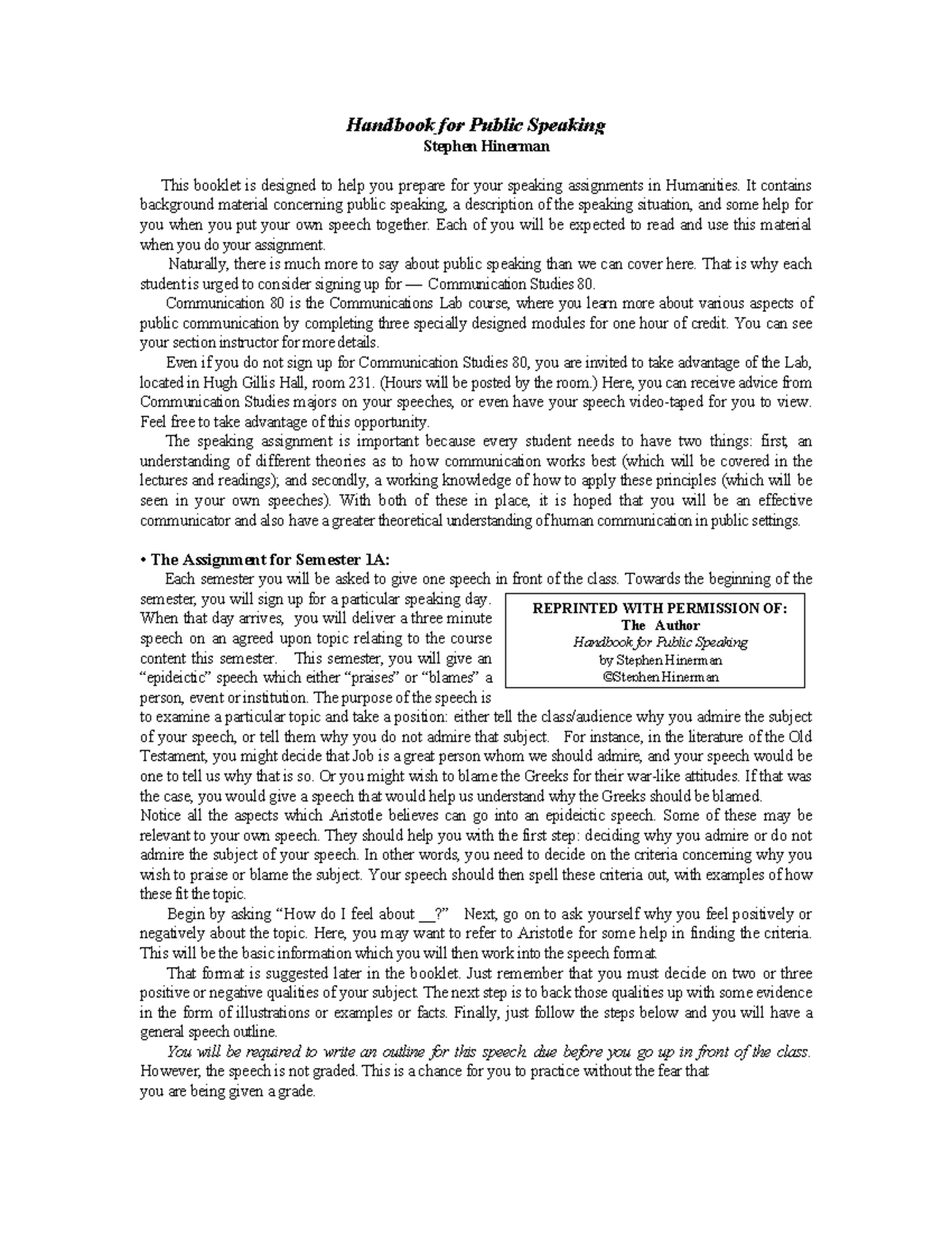 Lecture 01 Hinerman speeches - Handbook for Public Speaking Stephen ...