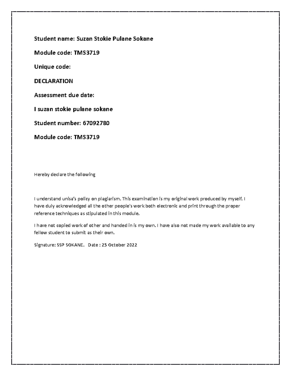 Tms 3719 exam script - Notes - Student name: Suzan Stokie Pulane Sokane ...