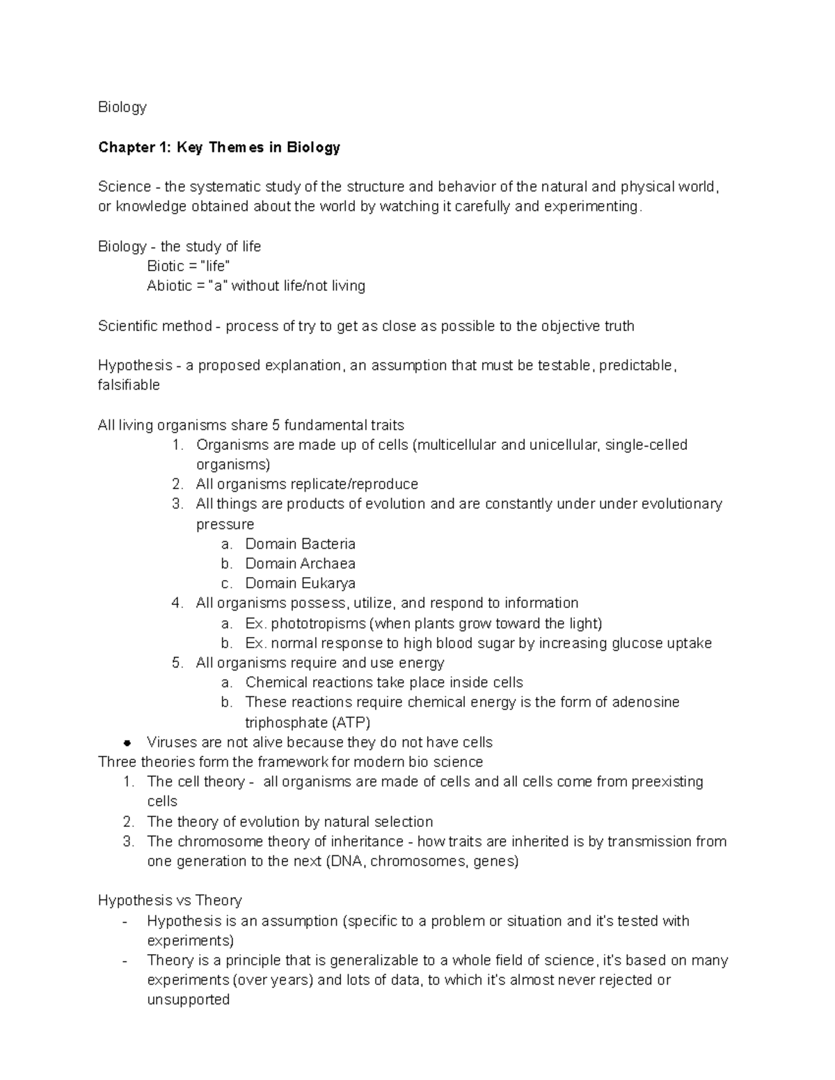 Biology Notes - Biology Chapter 1: Key Themes in Biology Science - the ...