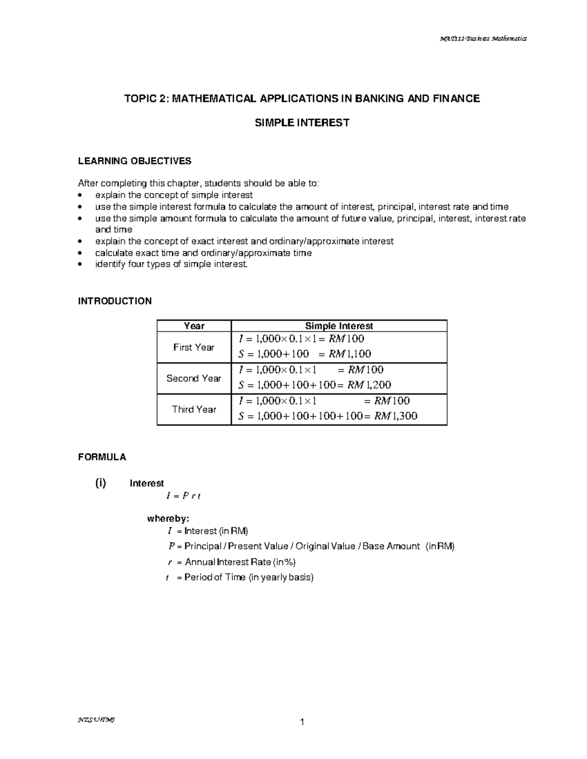 Topic 2 Simple Interest - TOPIC 2: MATHEMATICAL APPLICATIONS IN BANKING ...