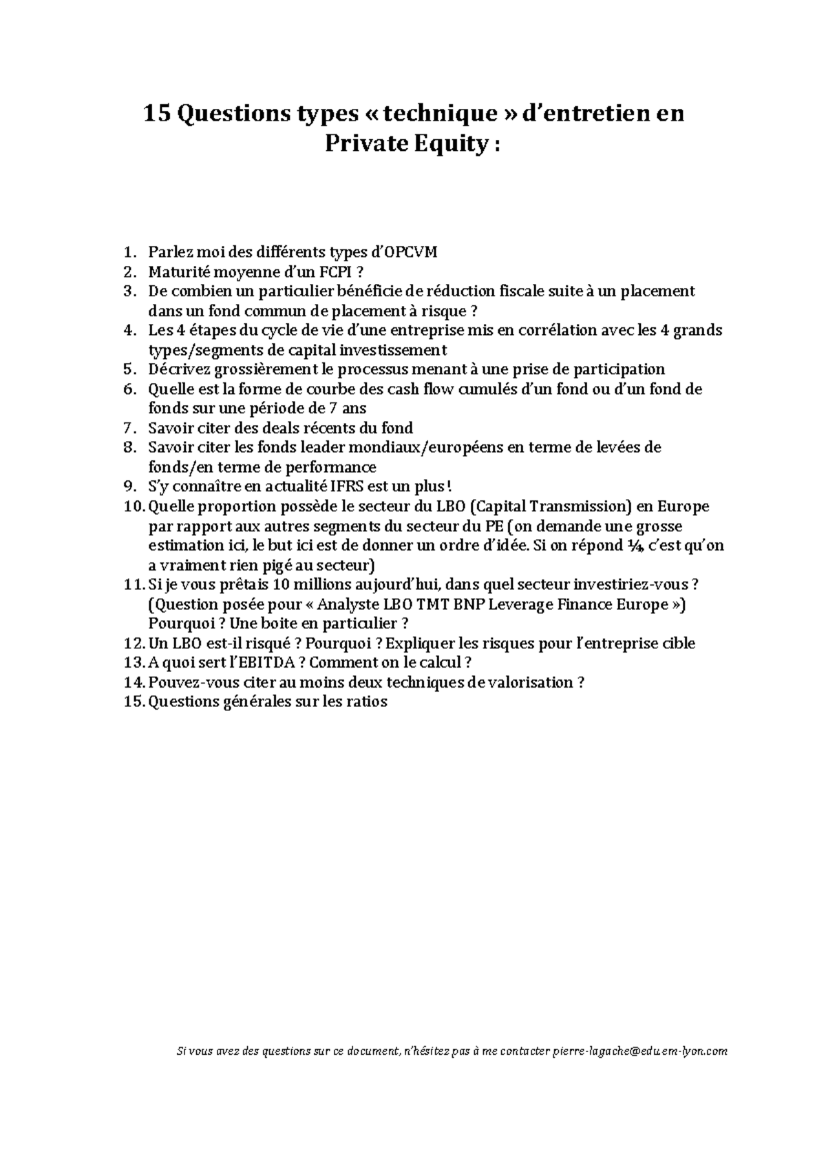 15 Questions types technique dentretien en Private Equity - Corporate ...