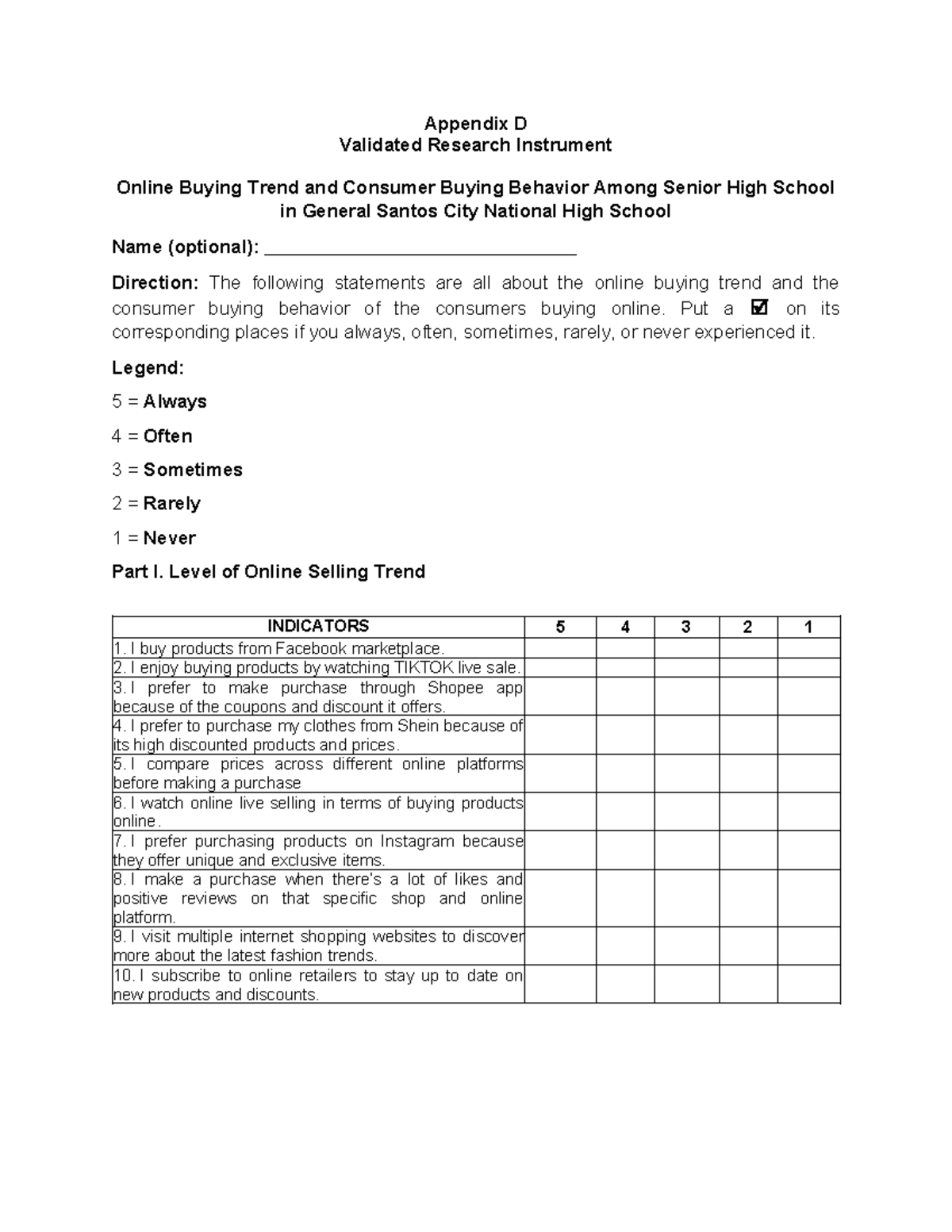 Sample- Survey- Questionnaire - Appendix D Validated Research ...