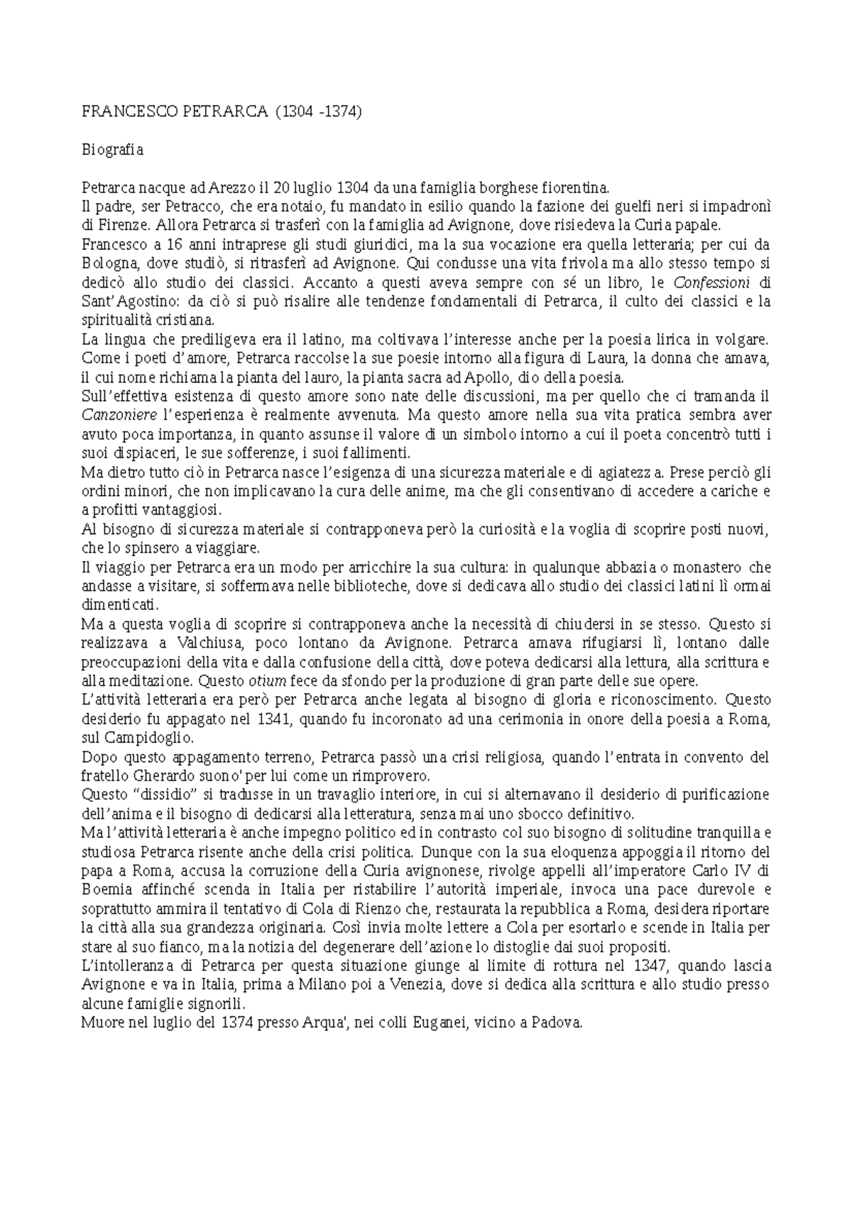 Petrarca vita e opere - FRANCESCO PETRARCA (1304 -1374) Biografia ...