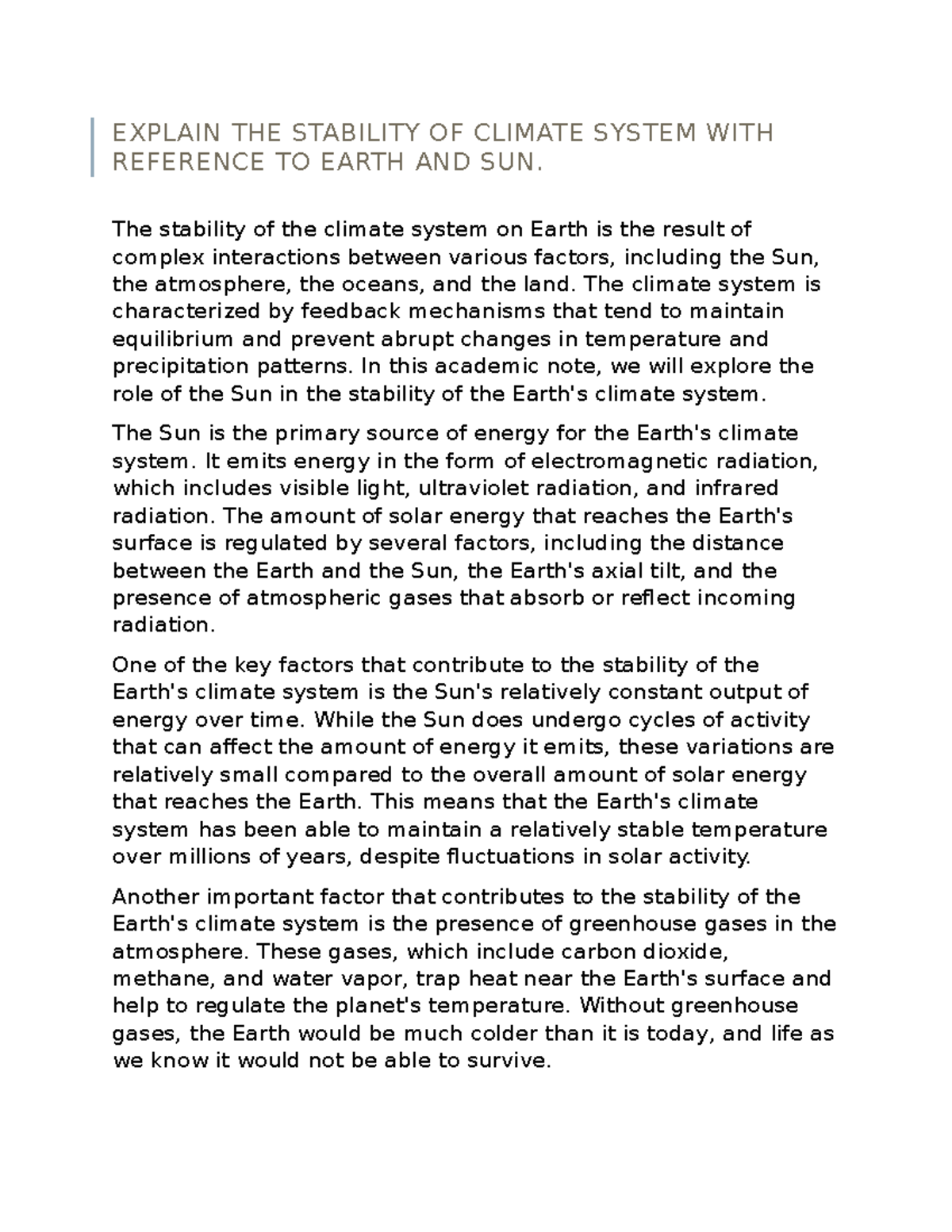 Explain the stability of climate system with reference to earth and sun ...
