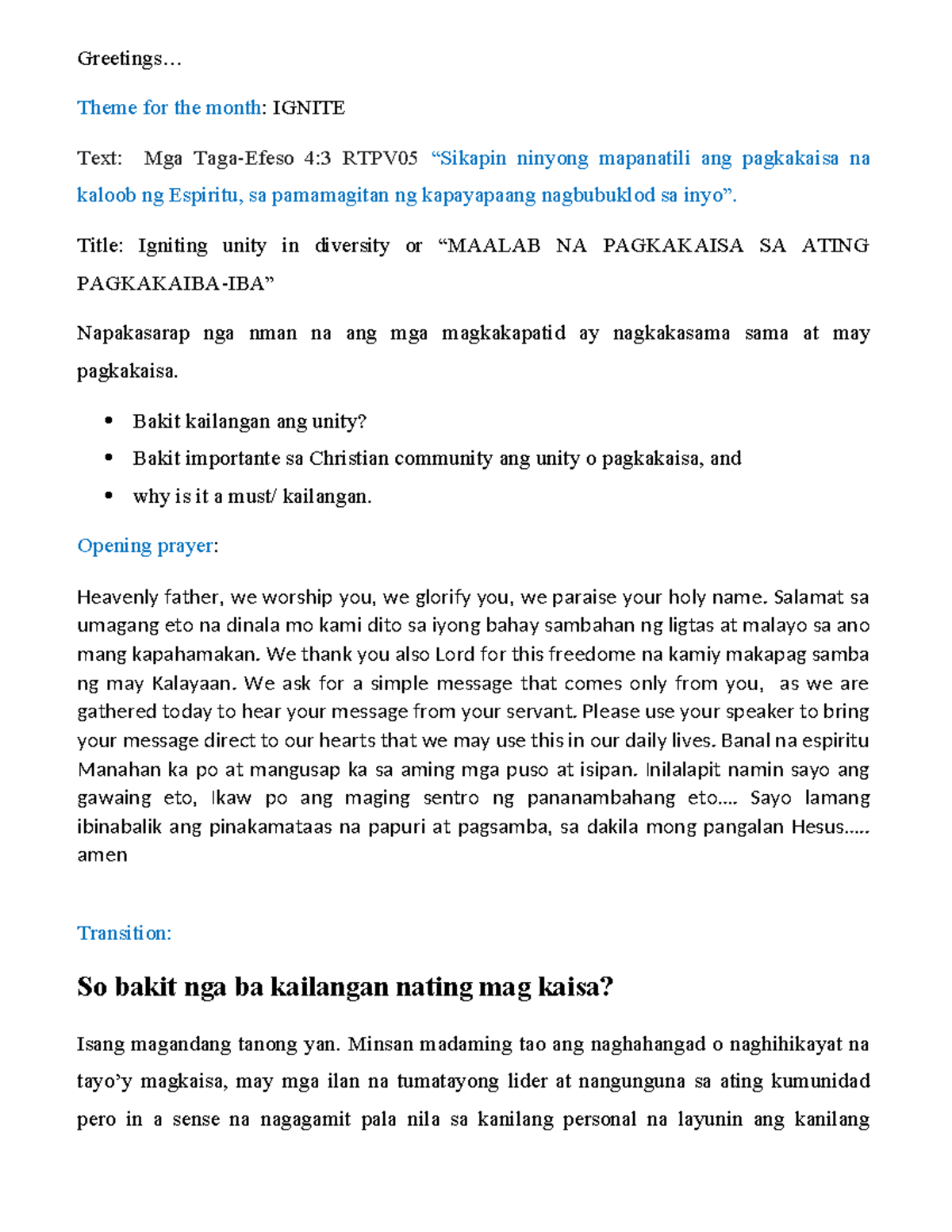 Igniting-Unity-in-diversity - Greetings... Theme for the month: IGNITE ...