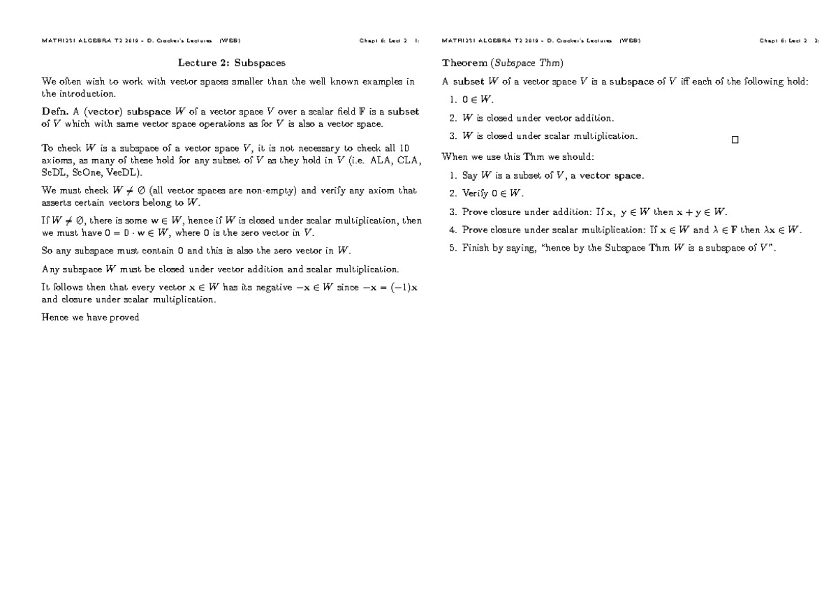 Algebra Week 1 Lec02 Lectures For Math1231 Lecture 2 Subspaces We Often Wish To Work With