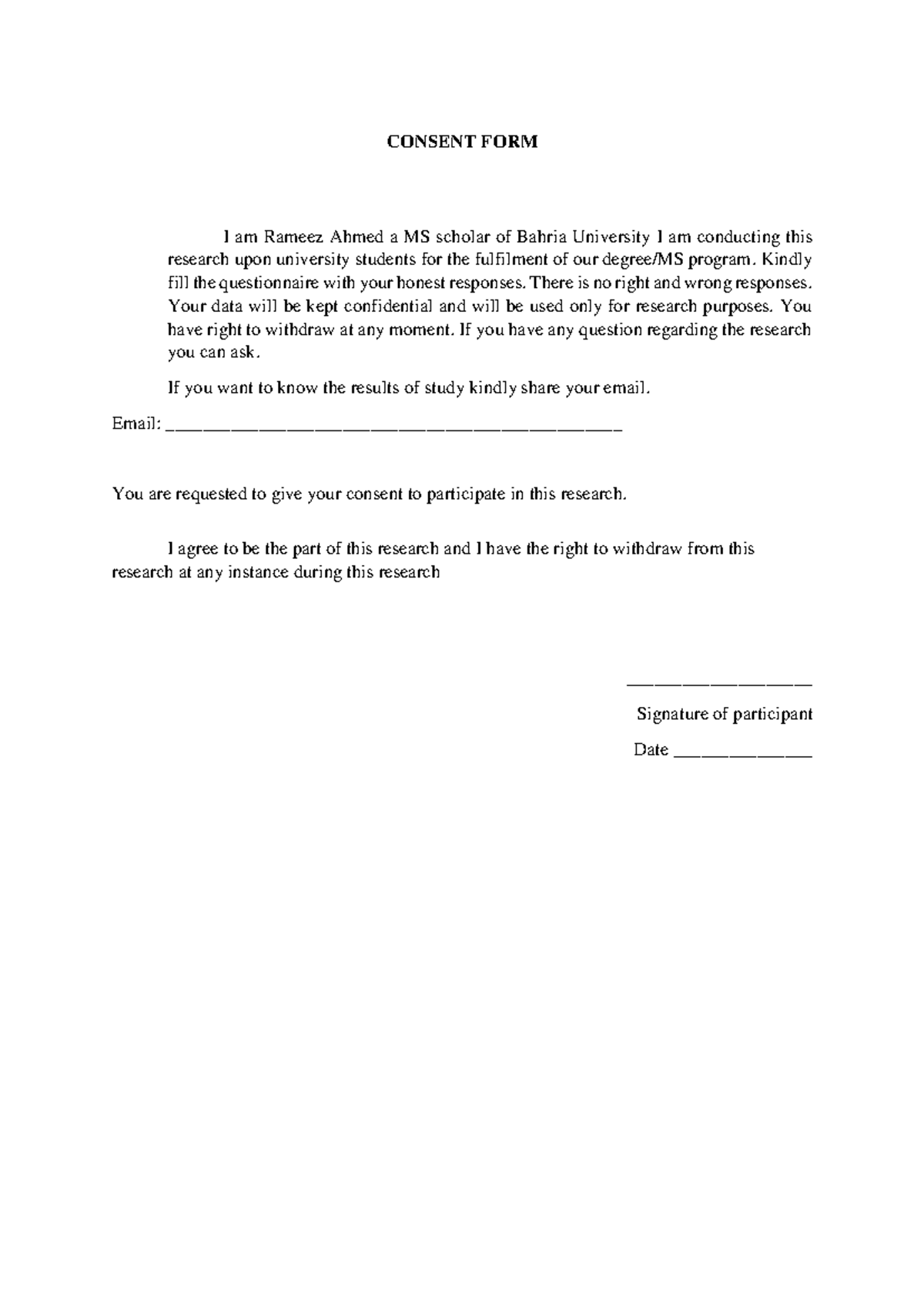 Scales of rezerach - DETAILS OF ABA - CONSENT FORM I am Rameez Ahmed a ...