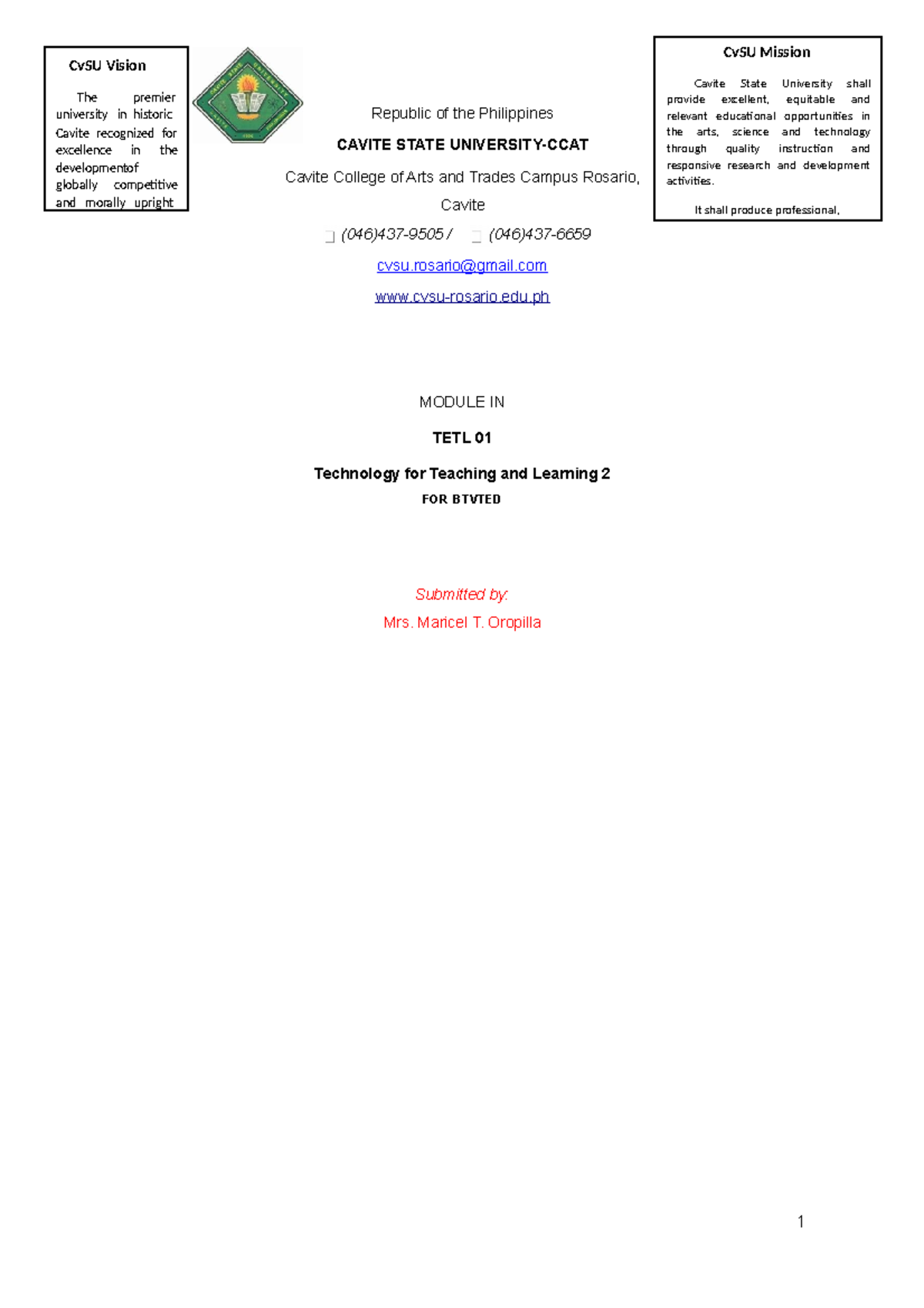 Week Module 1 TETL 2 - none isoif - CvSU Vision The premier university ...