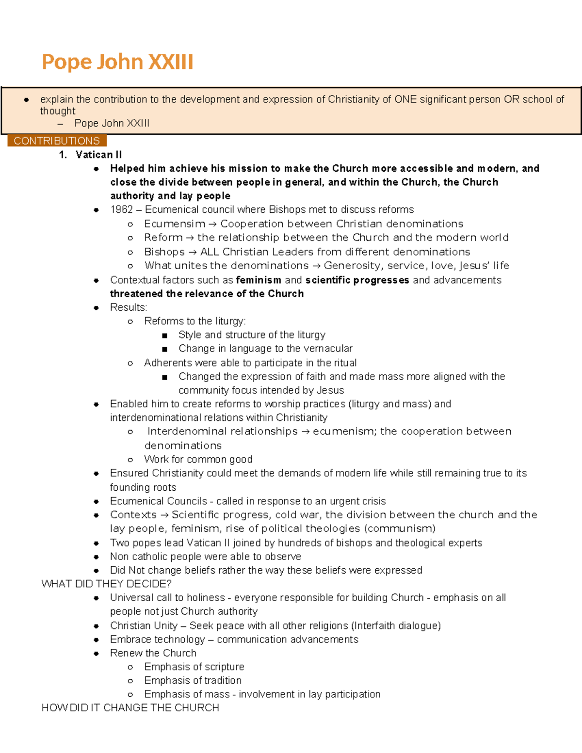 Pope John XXIII Notes - Pope John XXIII explain the contribution to the ...