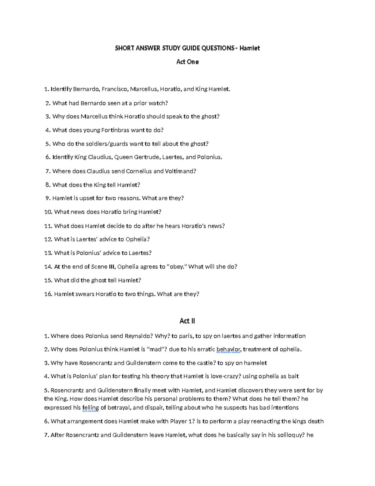 ACT I-II Discussion Questions - SHORT ANSWER STUDY GUIDE QUESTIONS ...