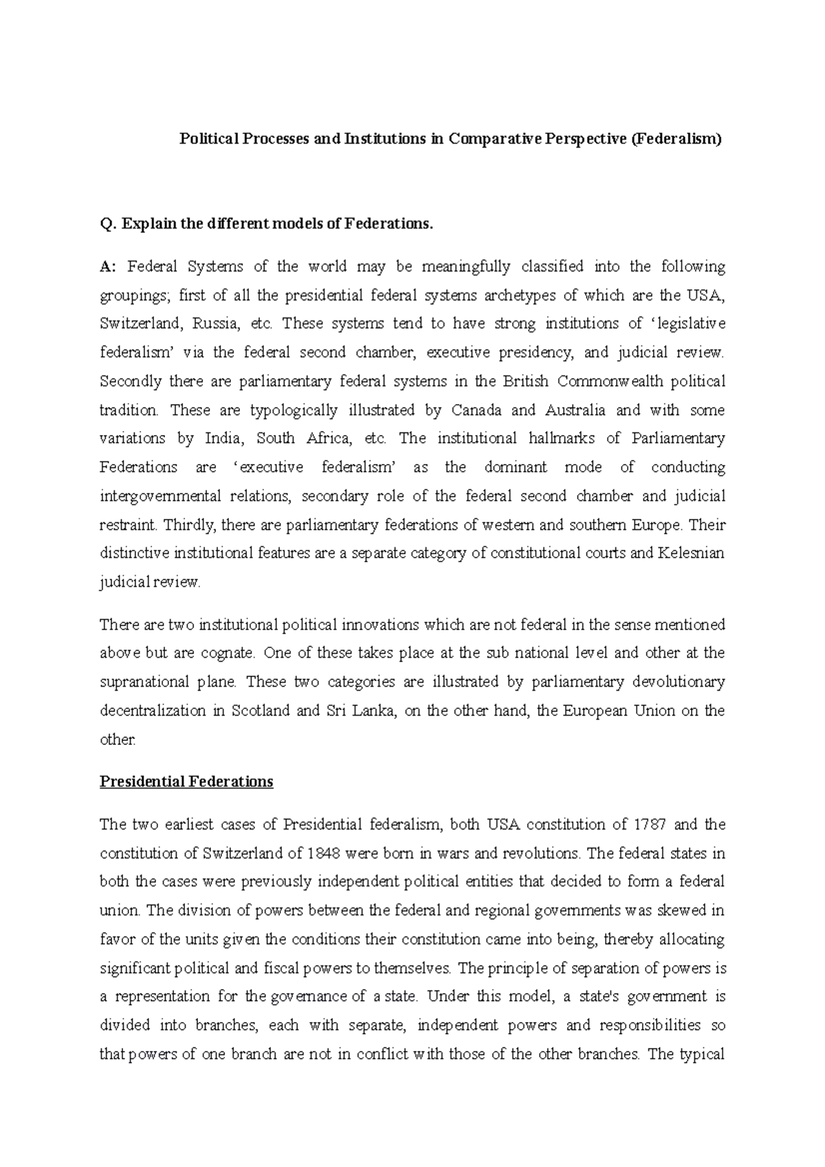 Federalism - Political processes and Institutions in Comparative ...