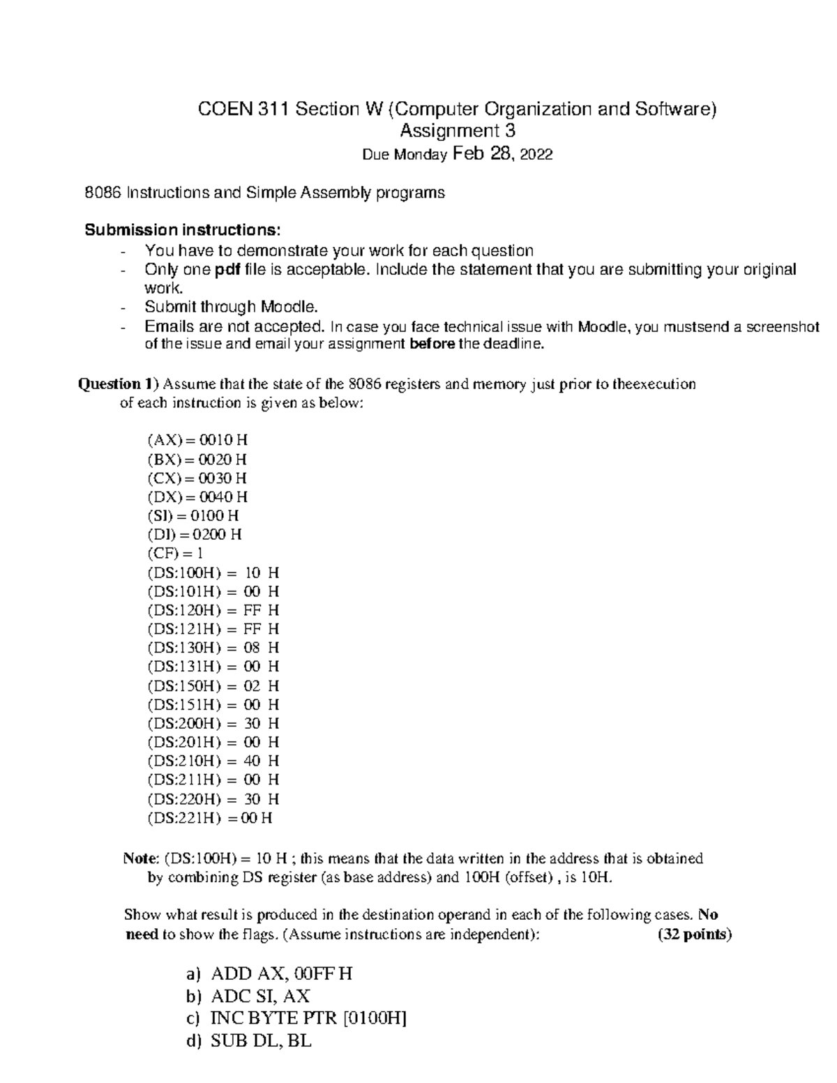 Assignment 3 With Solution Coen 311 Section W Computer Organization And Software Assignment